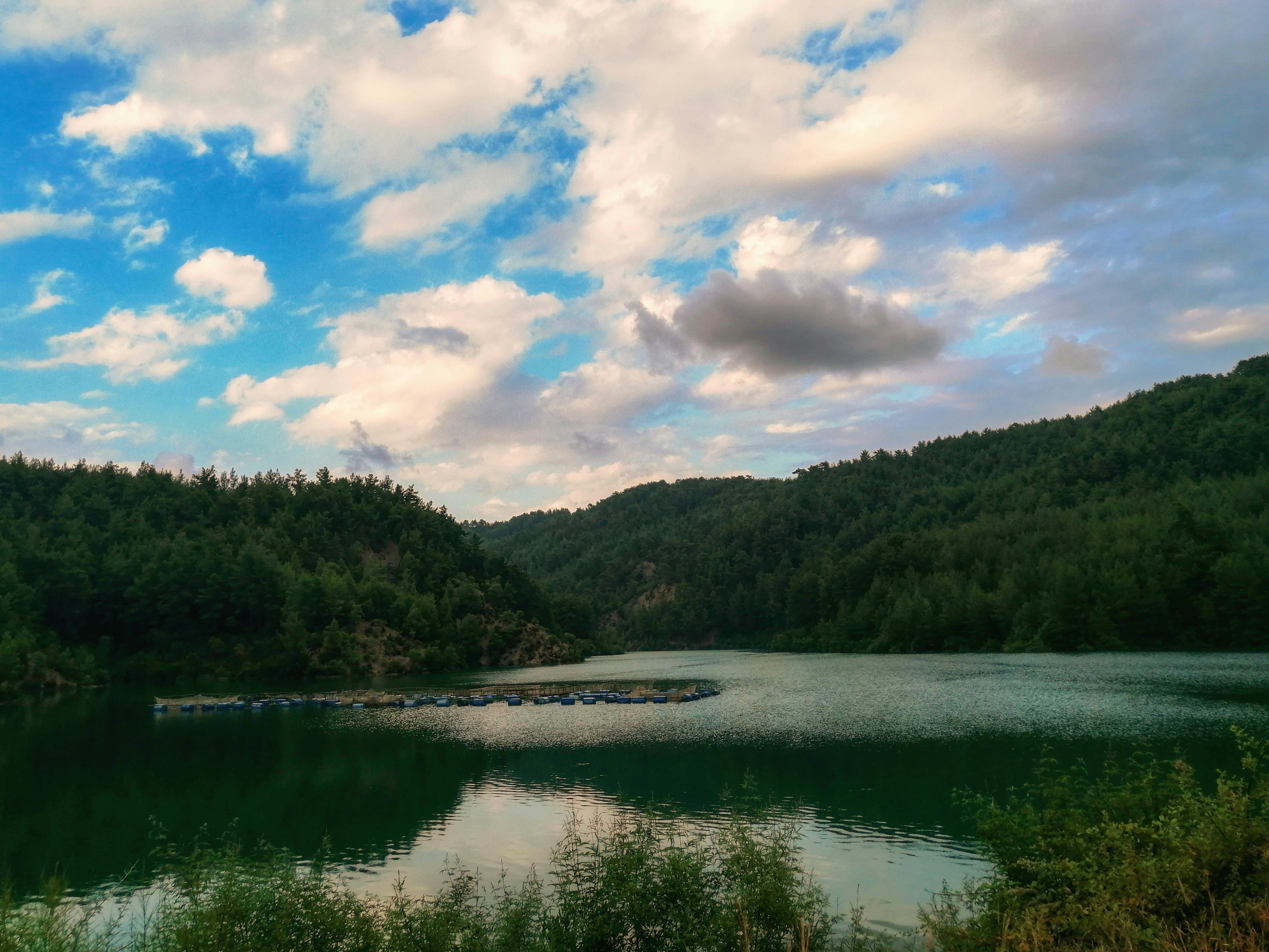 Glassy Lake, Verdant Rim: Clouds Scattering Across a Quiet Horizon