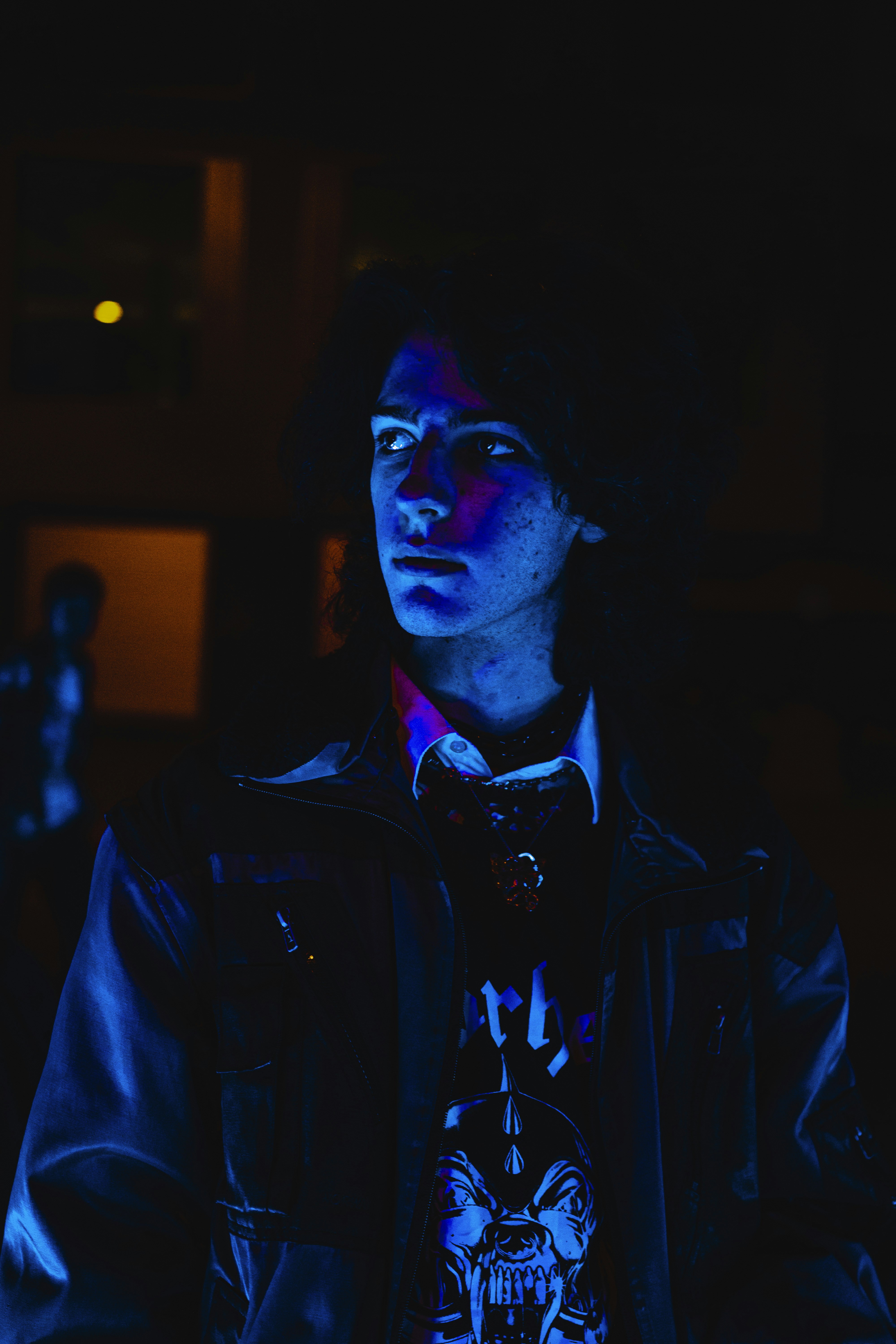 Blue Hour Gaze Under Neon Shadows