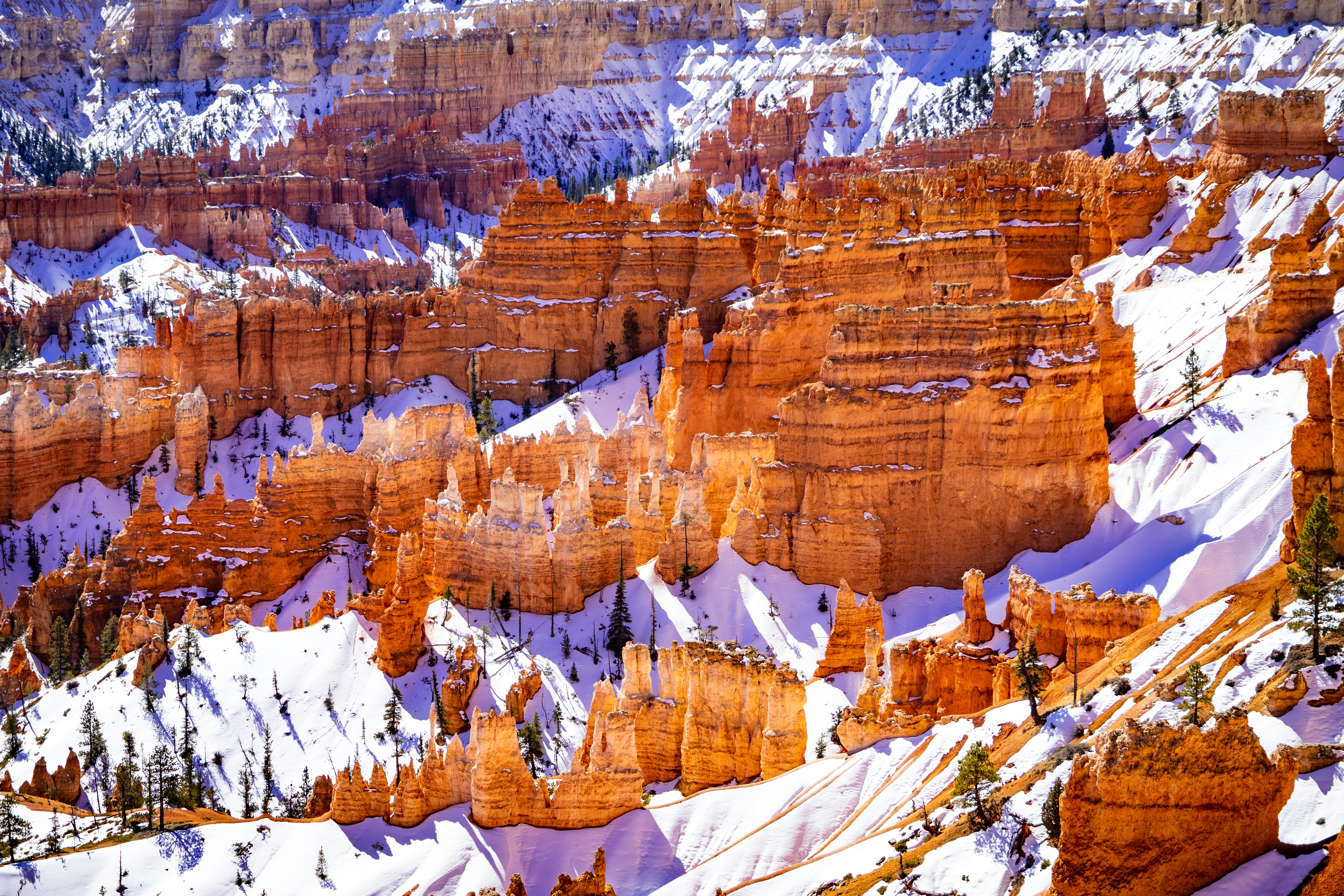 Snow-covered red rock formations under bright sunlight.