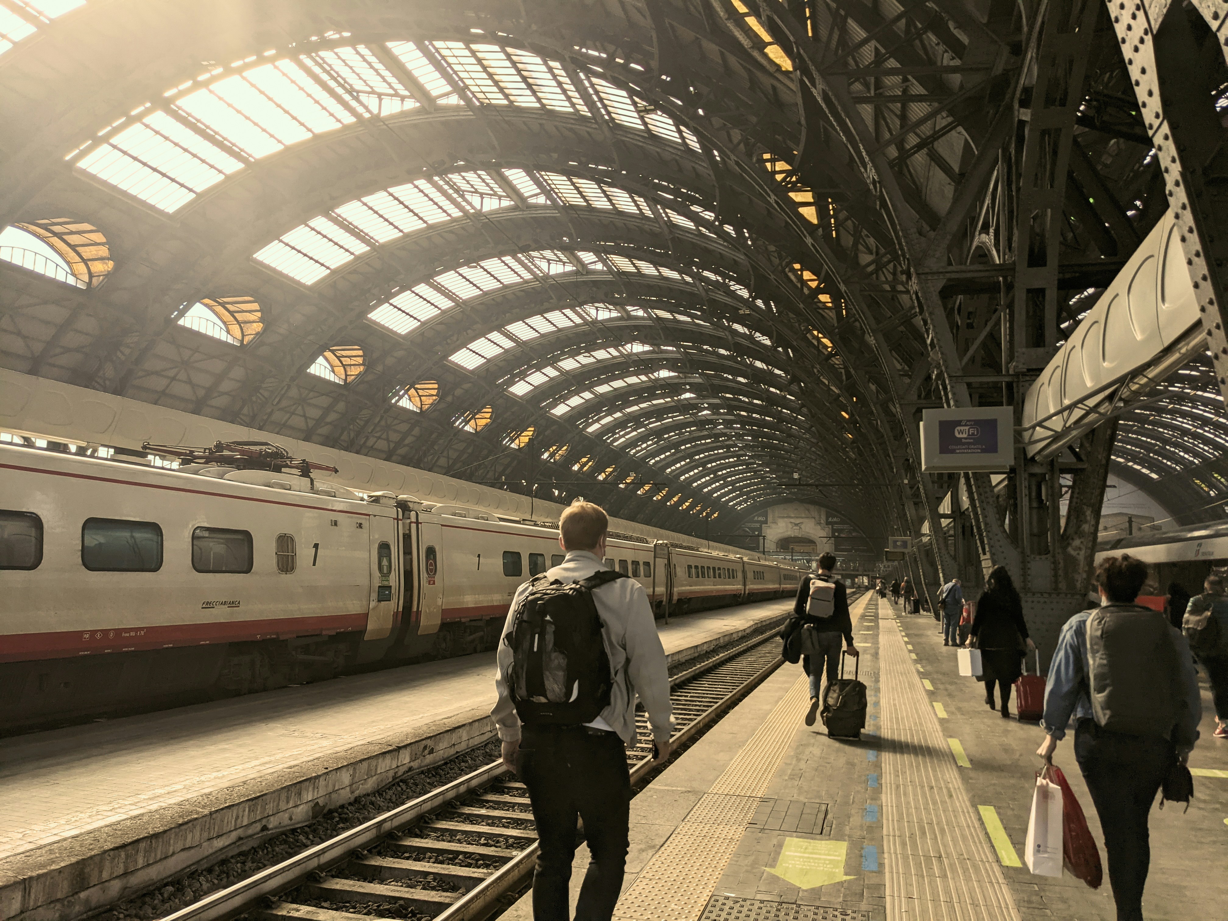 Busy train station interior showcasing travelers amidst modern trains and striking architectural elements. The interplay of light and shadows adds depth to the scene.
