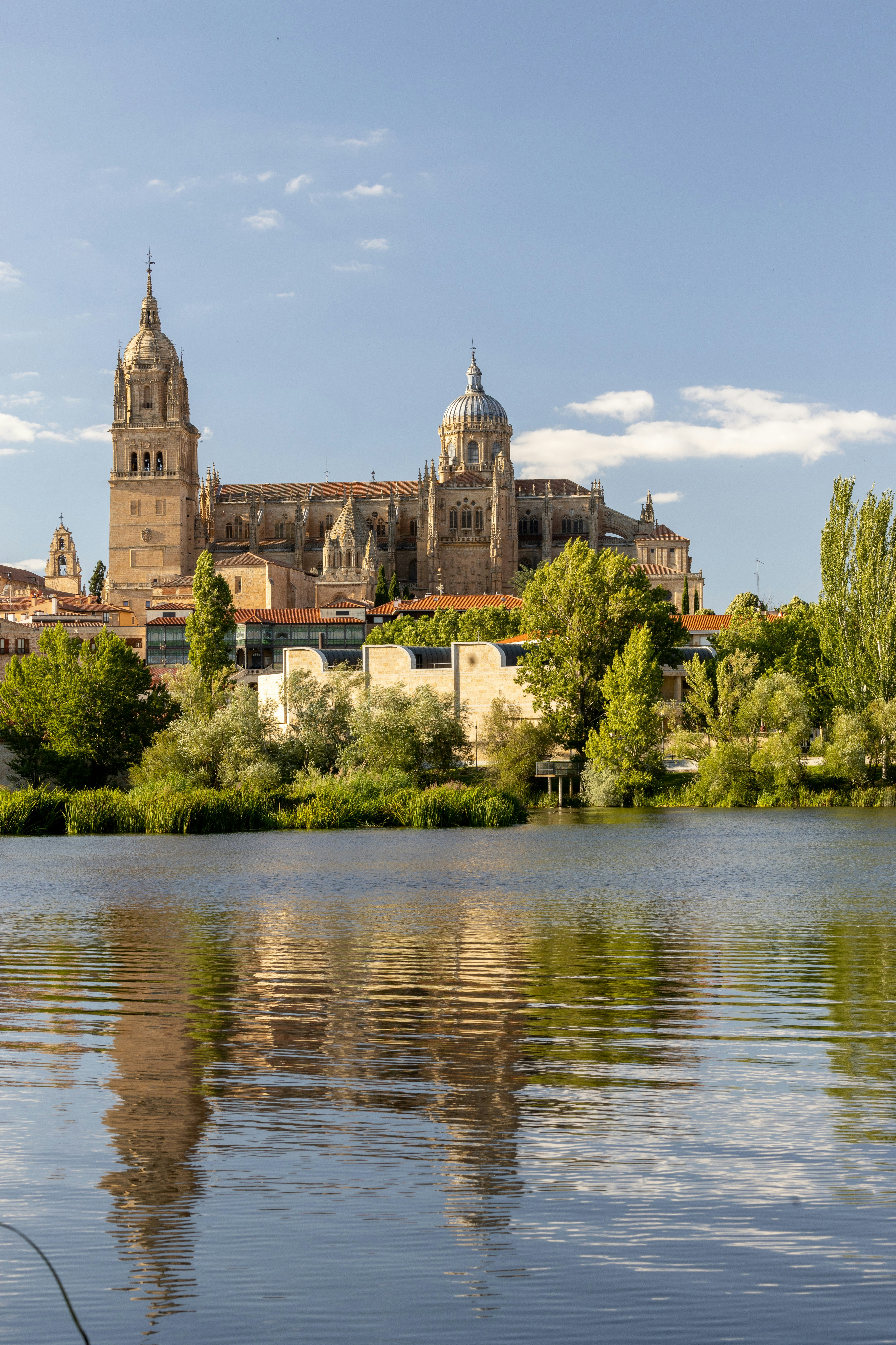 Majestic cathedral towers over a riverside landscape with its reflection shimmering in the calm water.