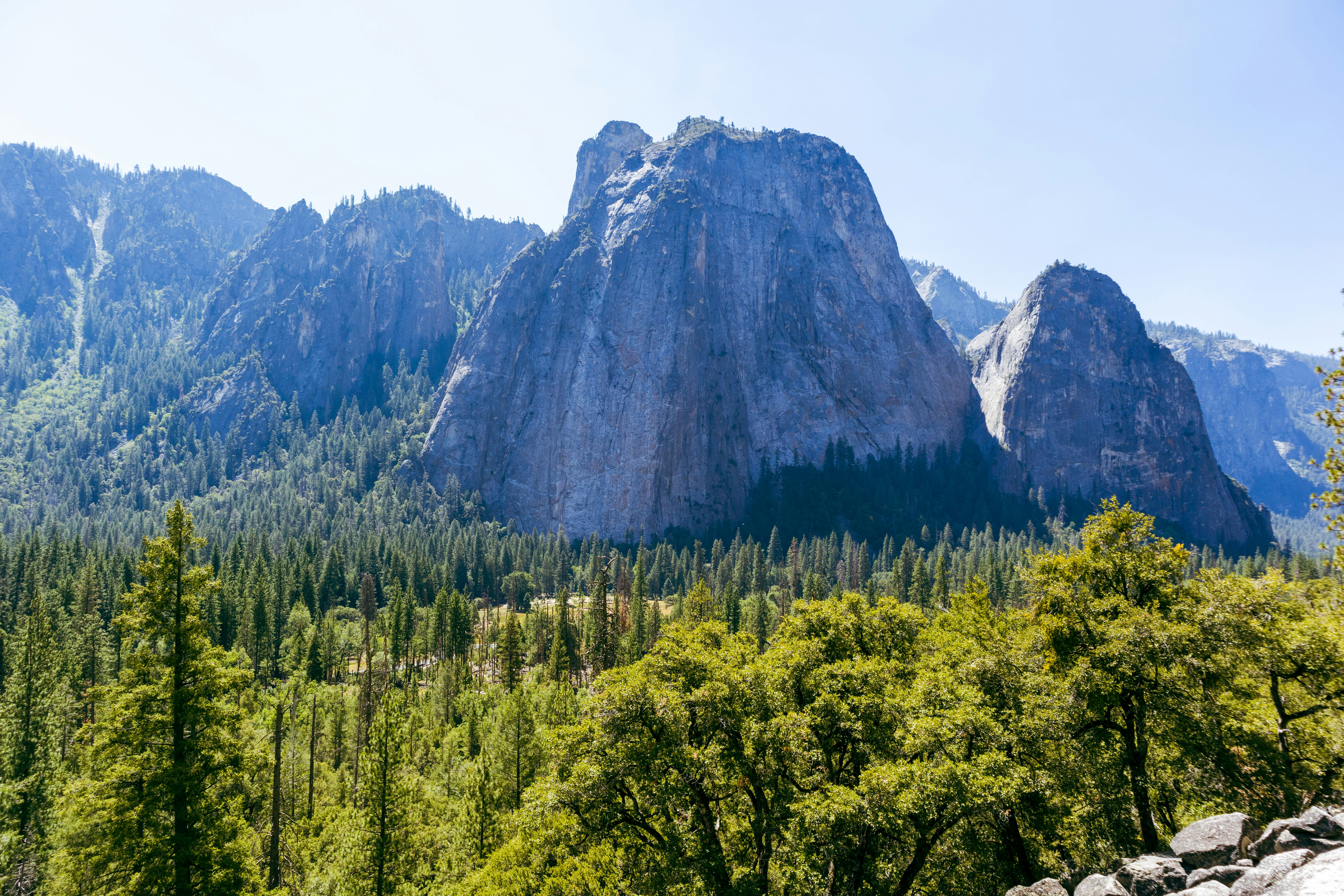 Granite Sentinel Over a Pine Valley at High Noon