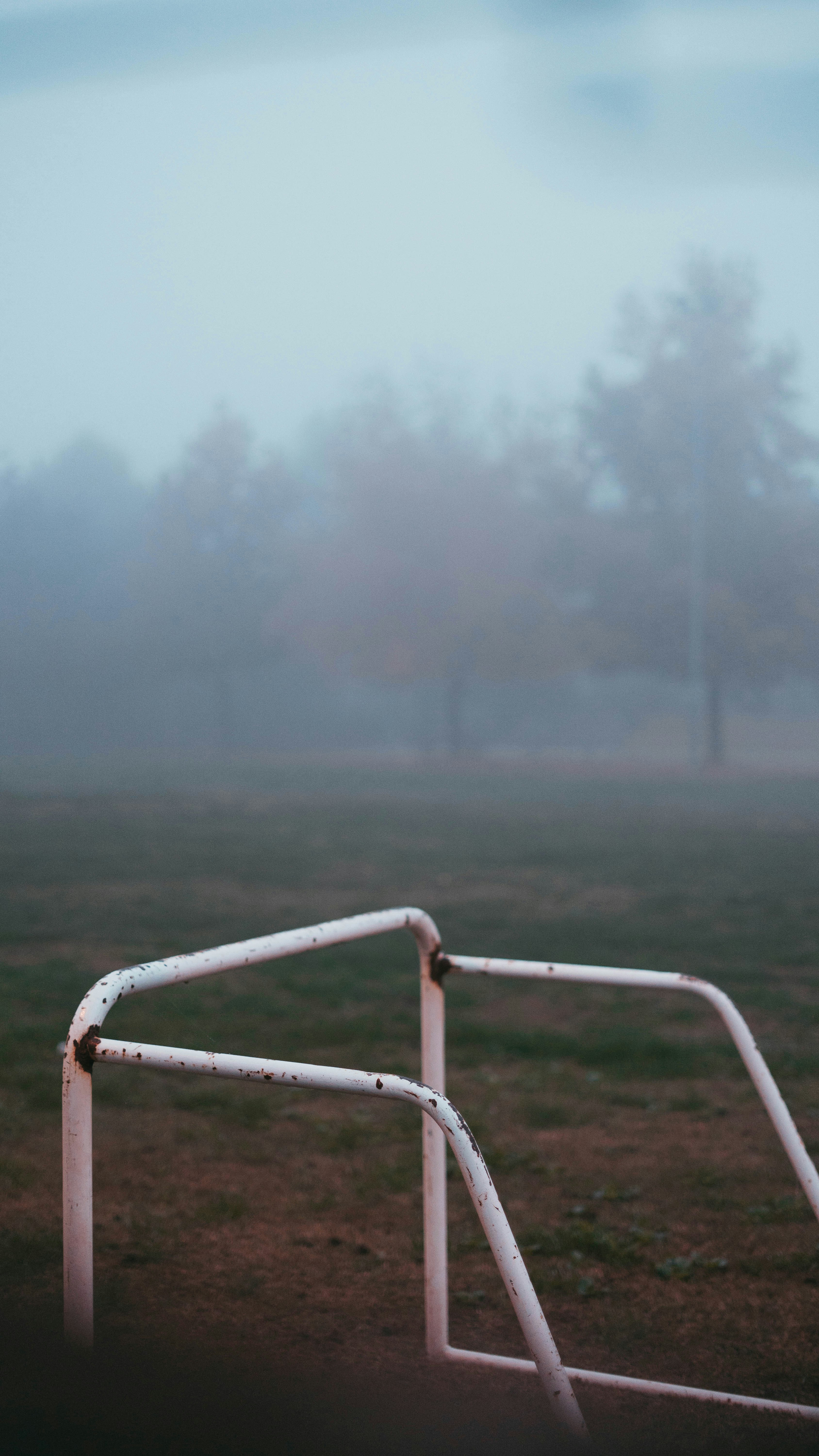 a soccer goal in the fog with trees in the background