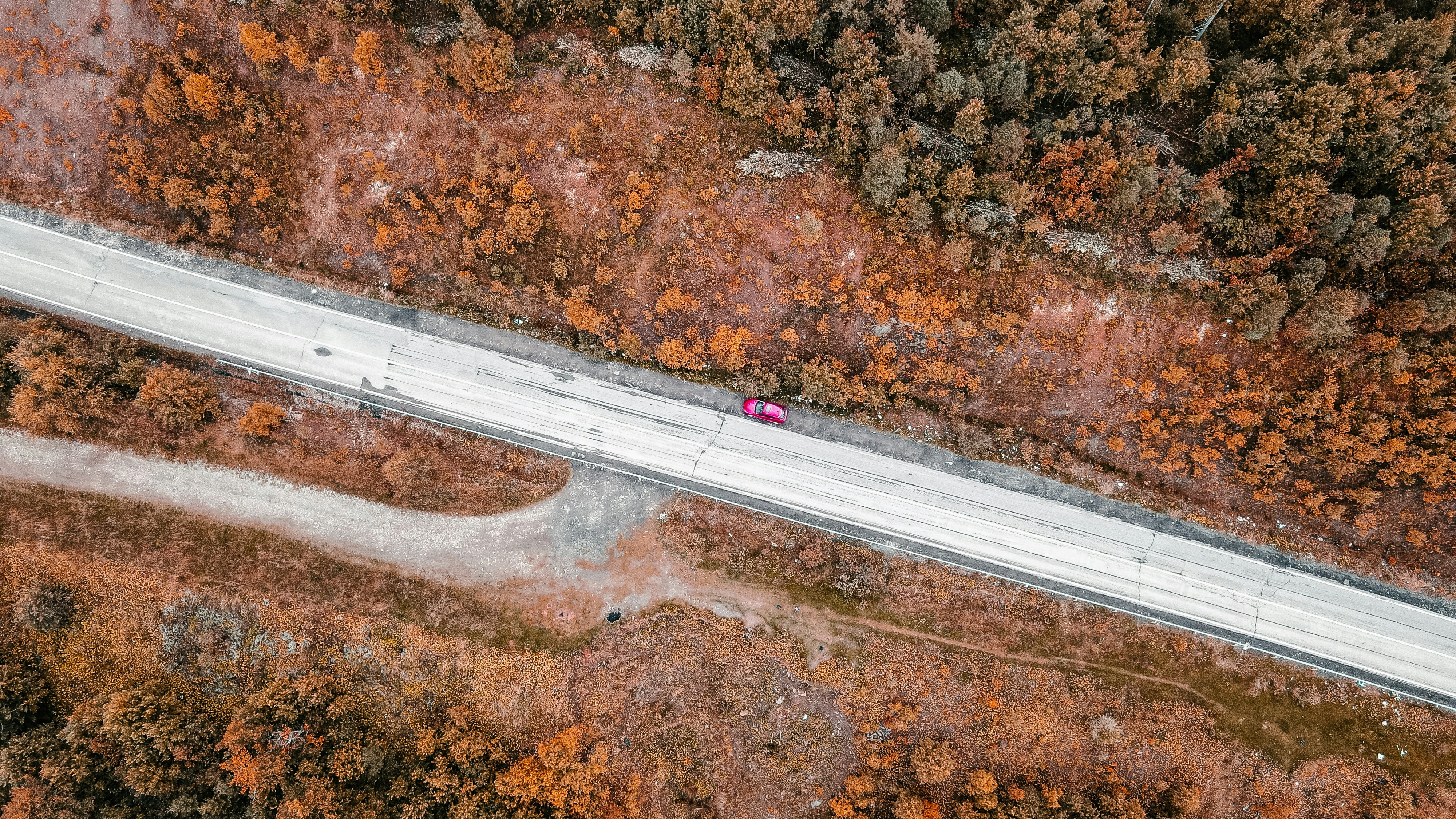 an aerial view of a road in the middle of a forest
