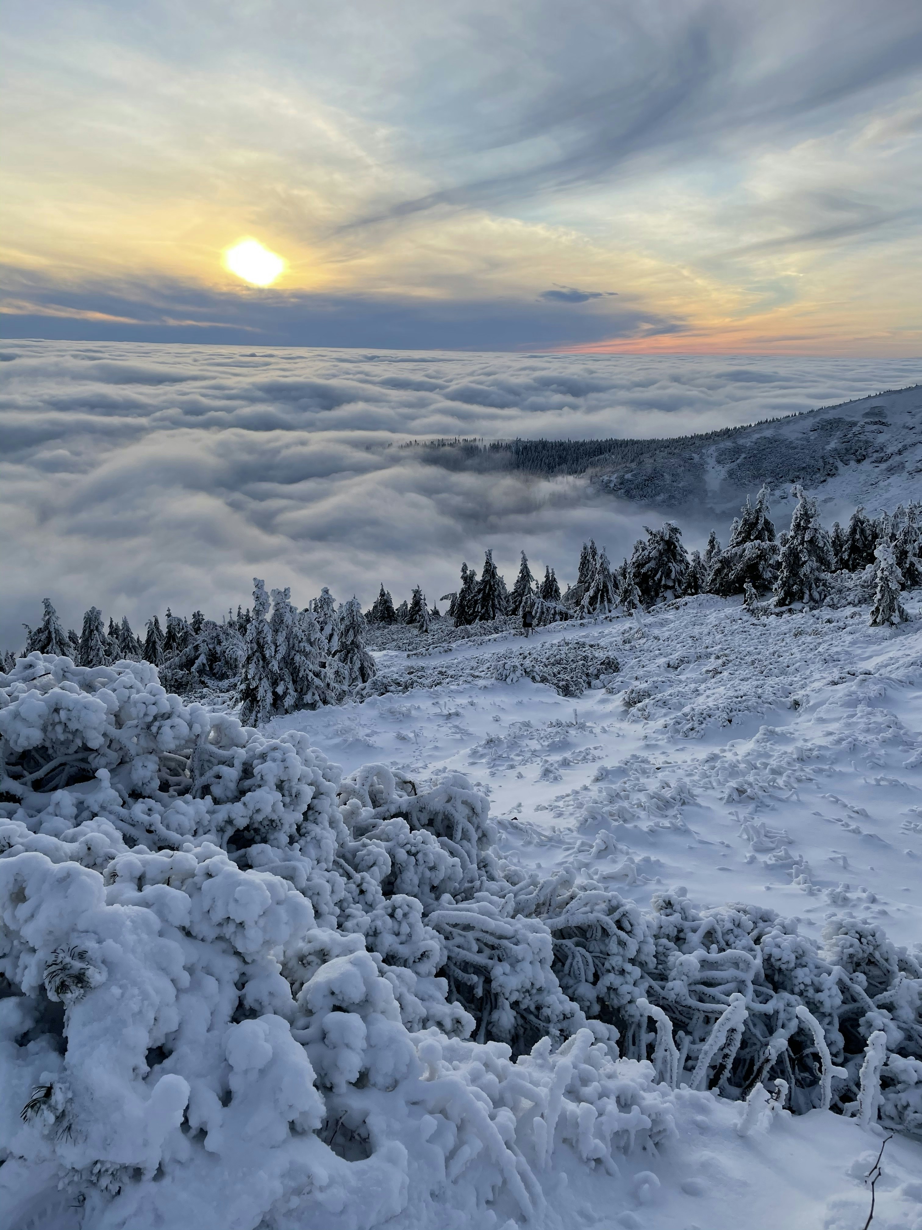 Le soleil se couche sur une montagne enneigée photo – Photo Foresta d ...