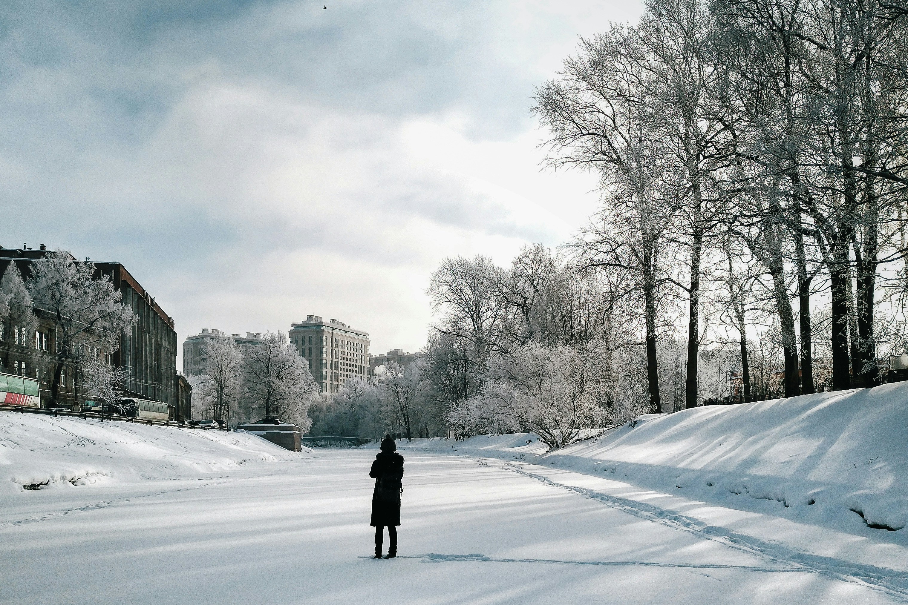 Solitary silhouette on a frozen canal: winter’s quiet corridor
