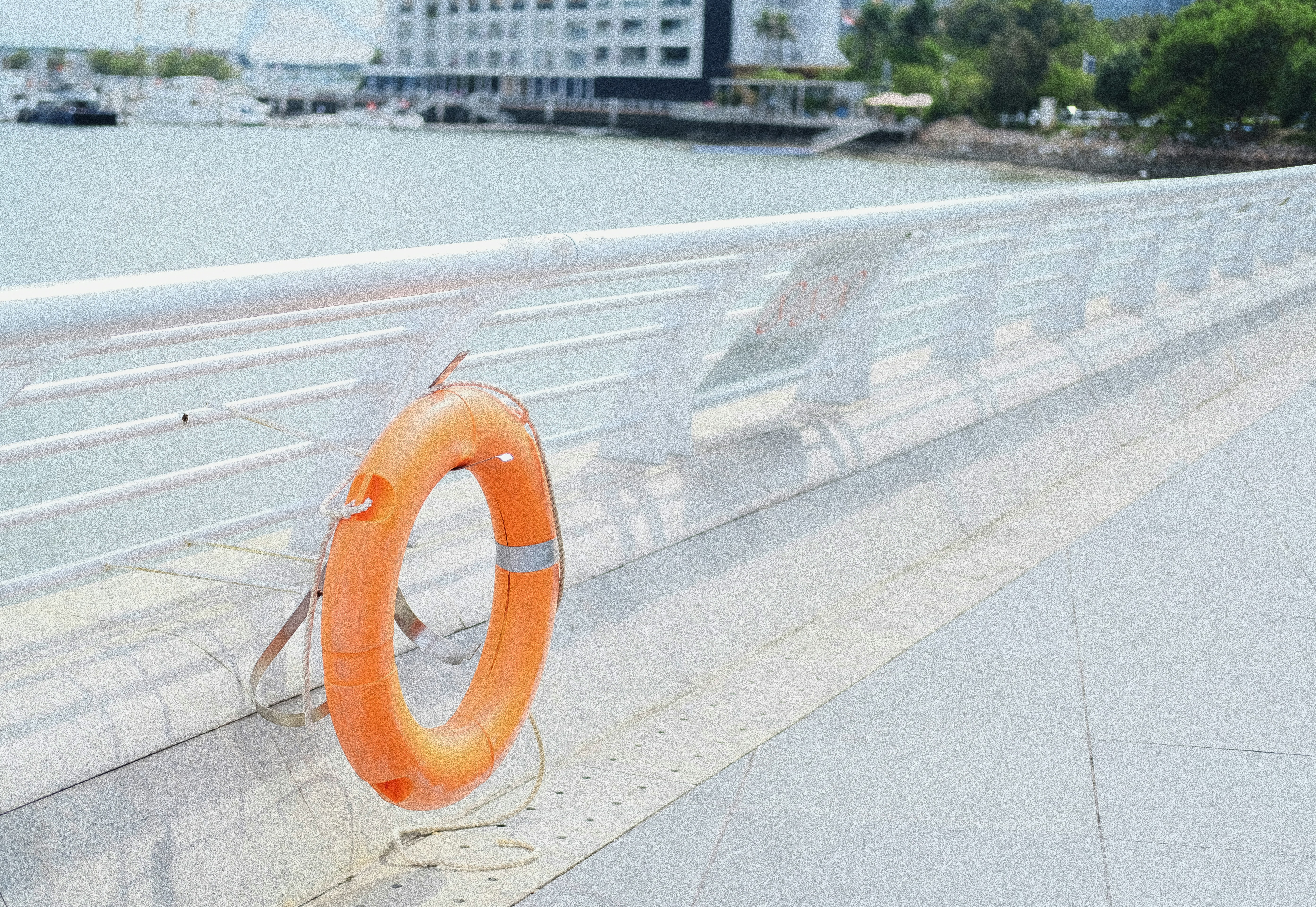 Orange Lifebuoy Framing a Quiet Waterfront Promenade