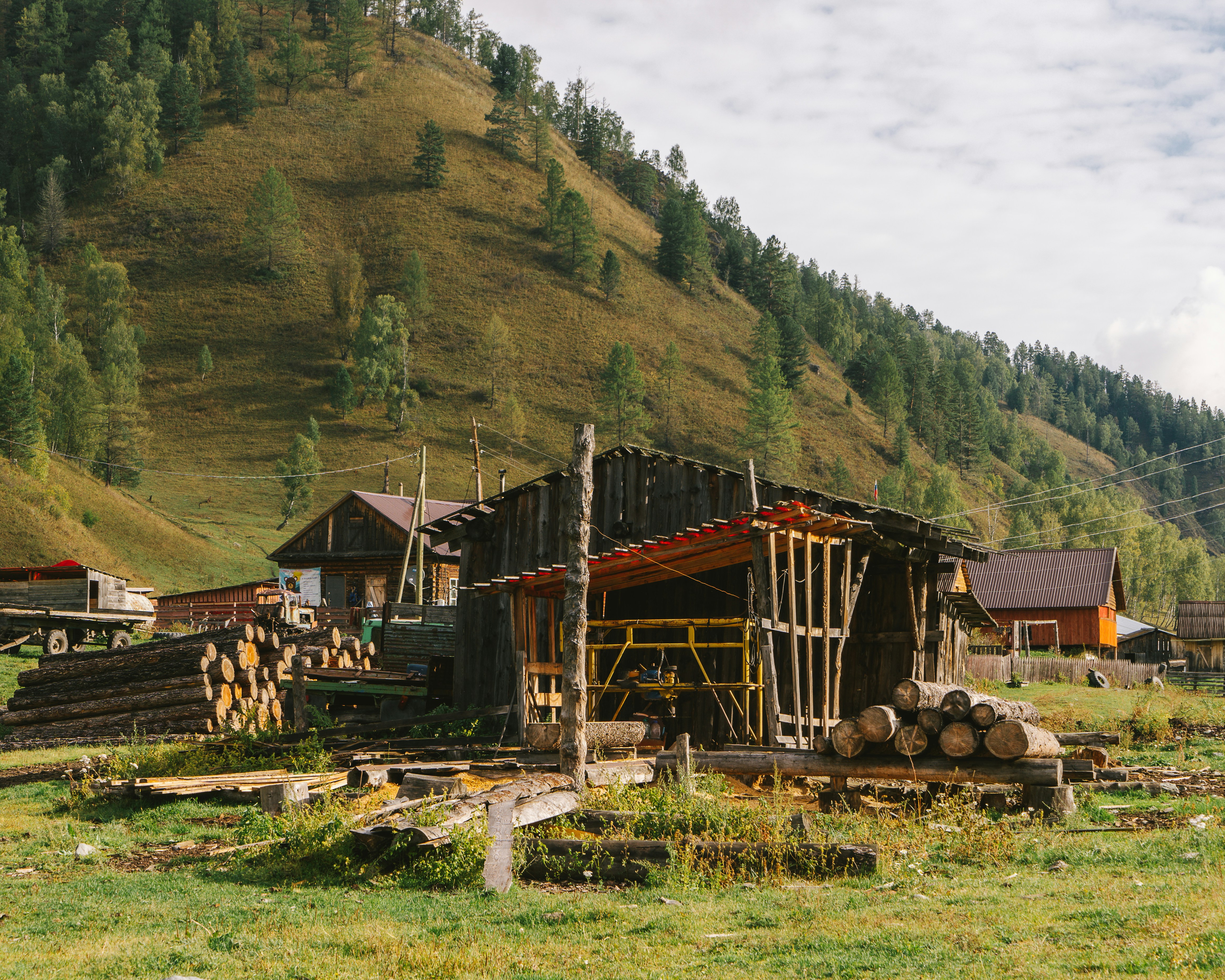 Rustic Timberyard Under a Verdant Alpine Slope