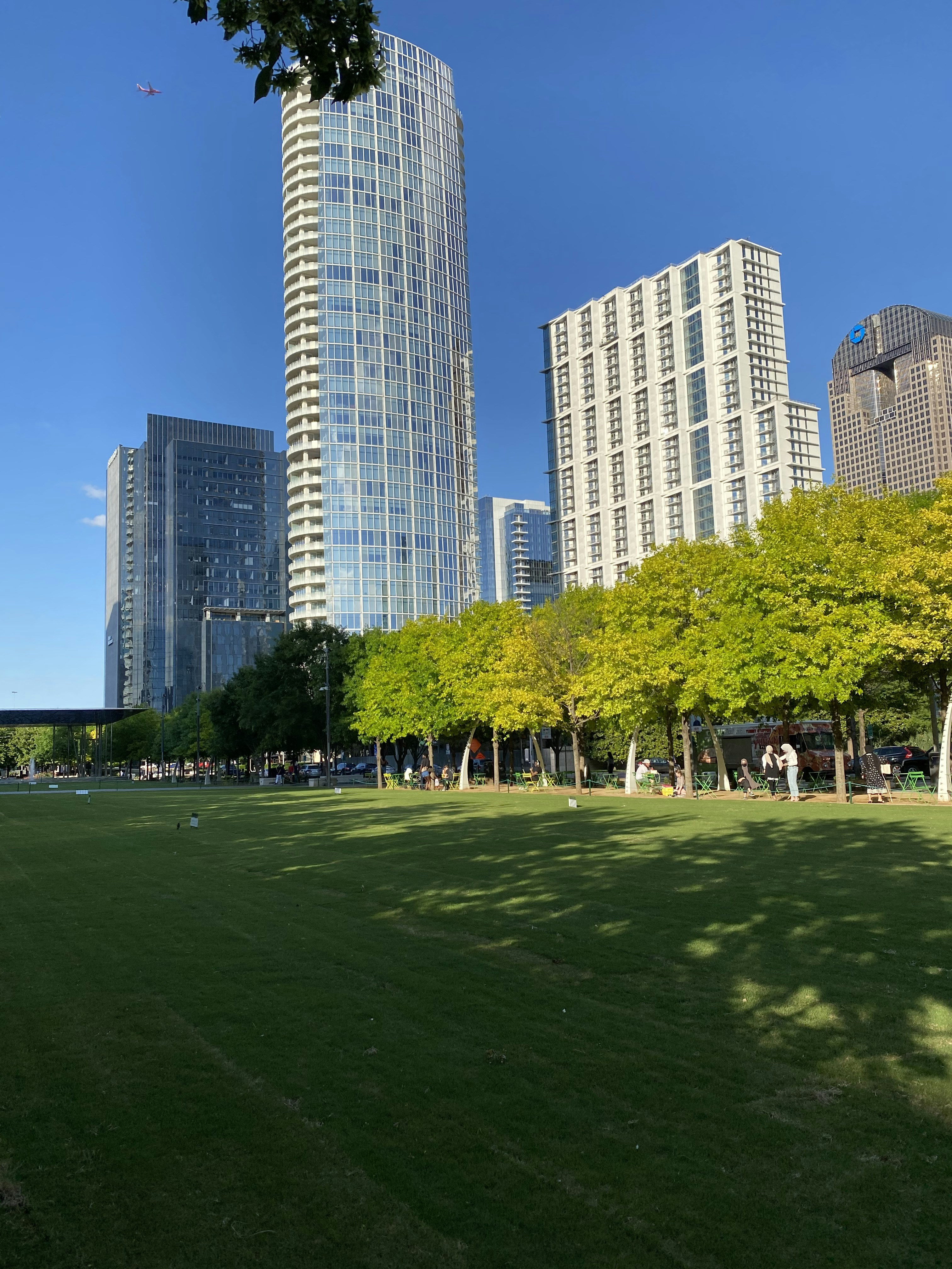 Cylindrical Glass Tower Framed by a Sunlit City Park