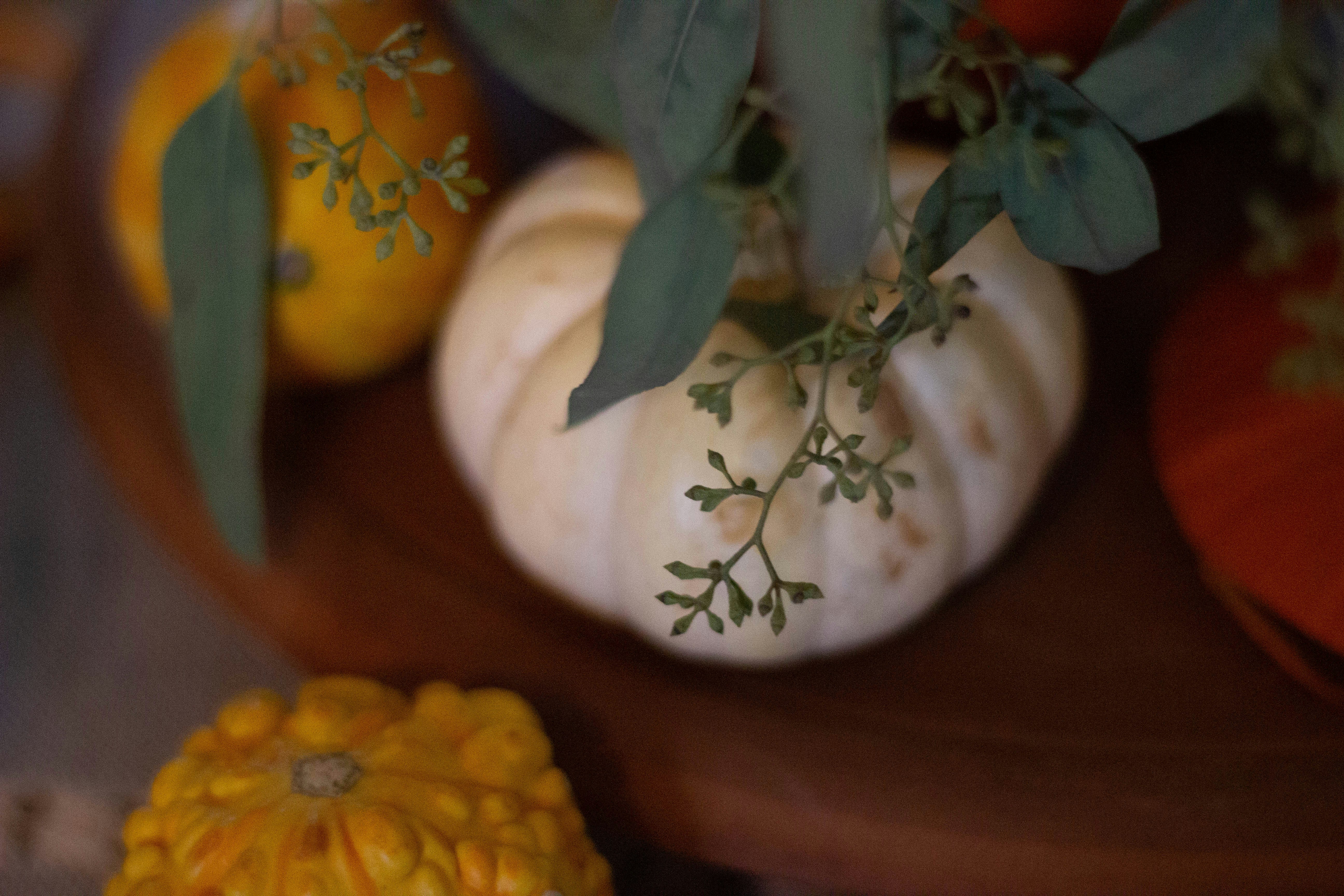A collection of decorative pumpkins and greenery arranged on a wooden platter, showcasing autumnal colors and textures.