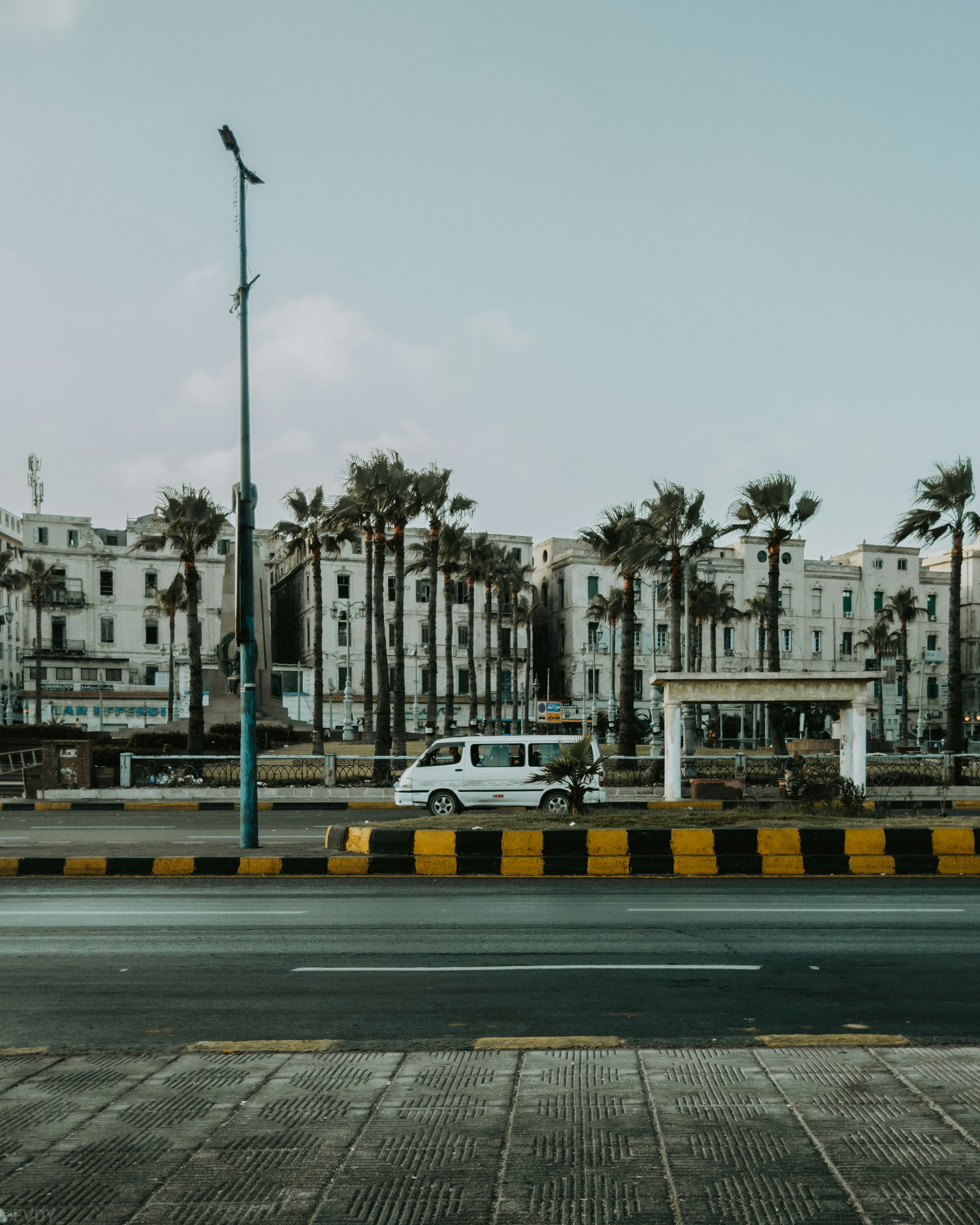 Palm trees lining a busy street with a white van passing by, set against a backdrop of modern architecture. The scene captures a moment of urban life.