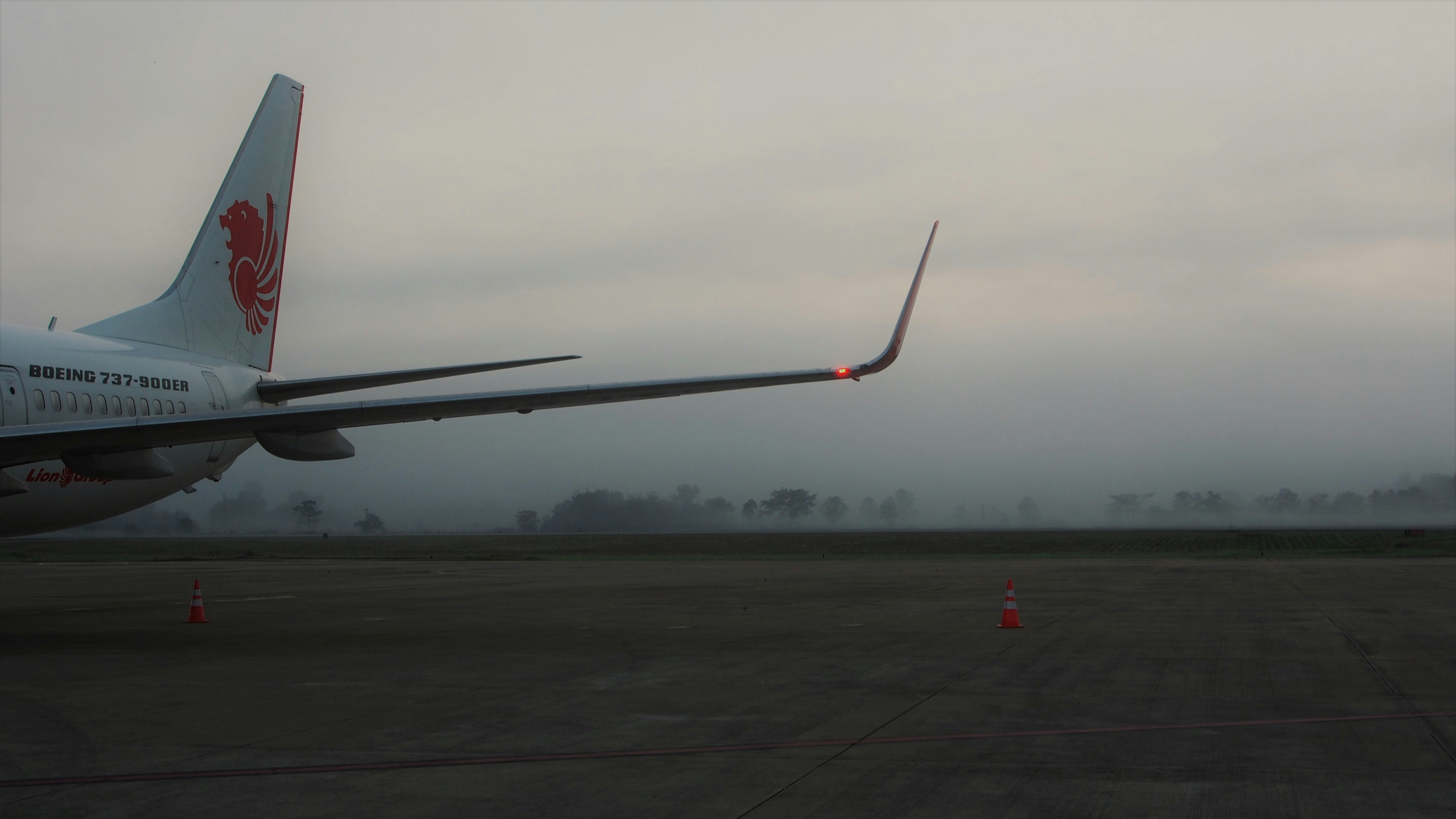 Dragon-Tailed Jet on a Fog-Swept Runway