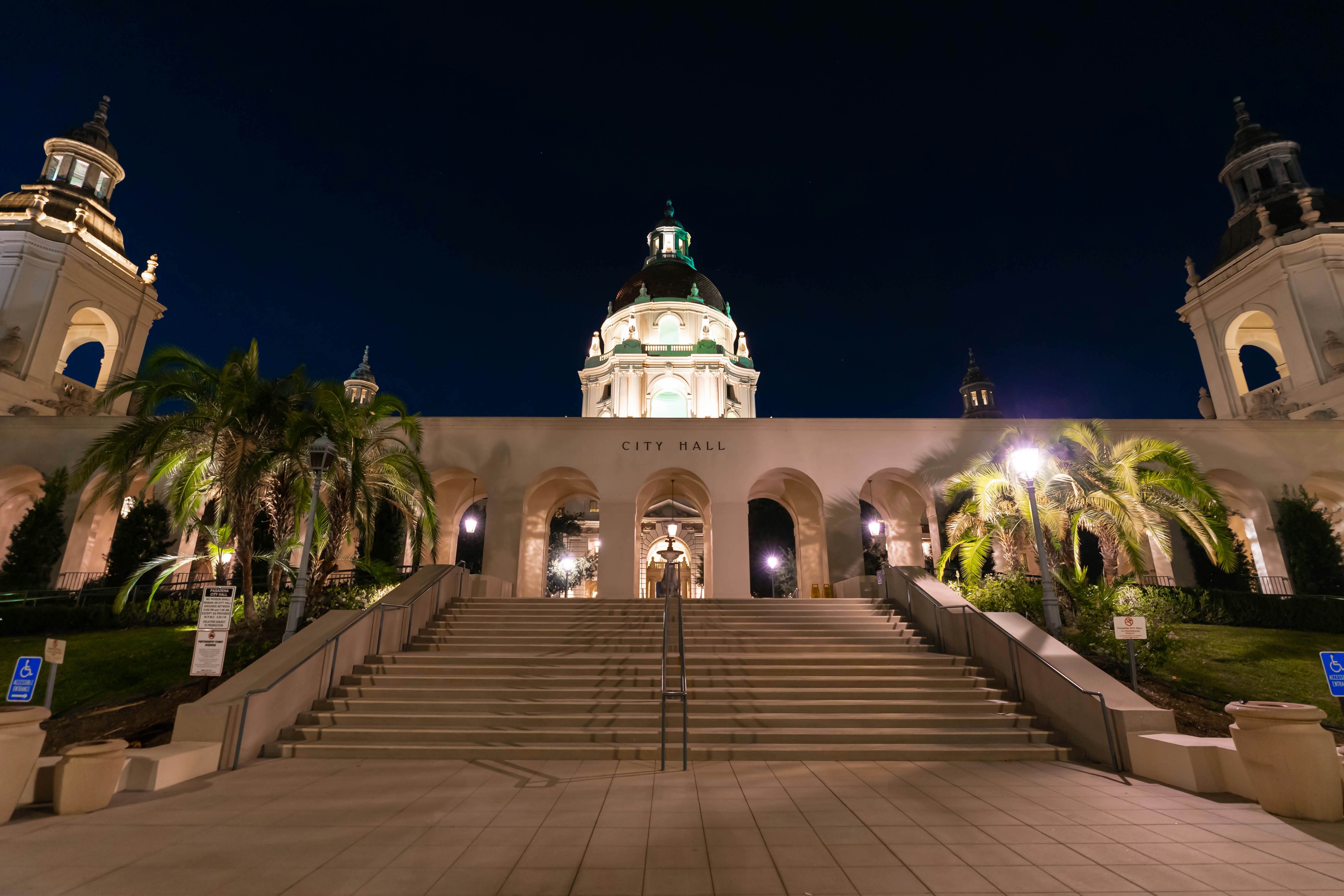 A large building with a clock tower at night photo – Free Pasadena city ...