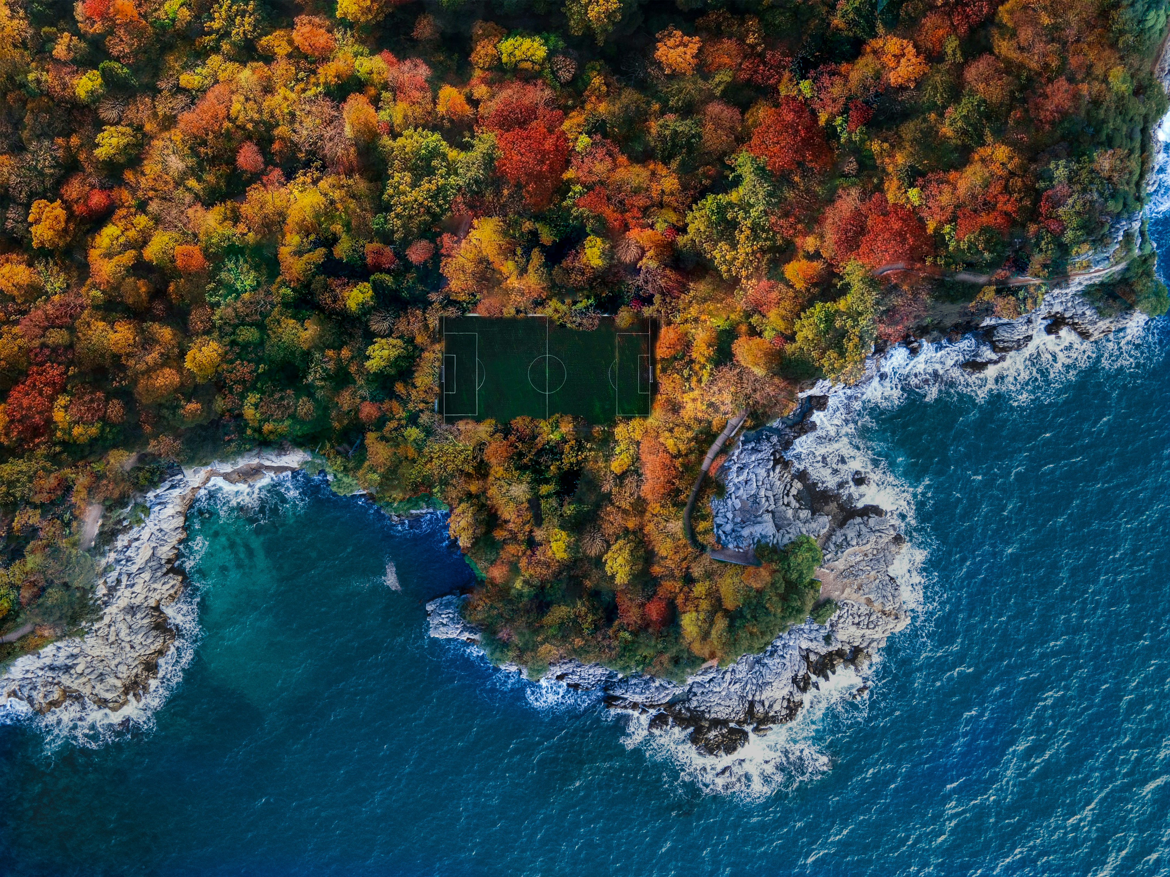 Aerial view of a secluded soccer field nestled among vibrant autumn trees on a rocky coastline.
