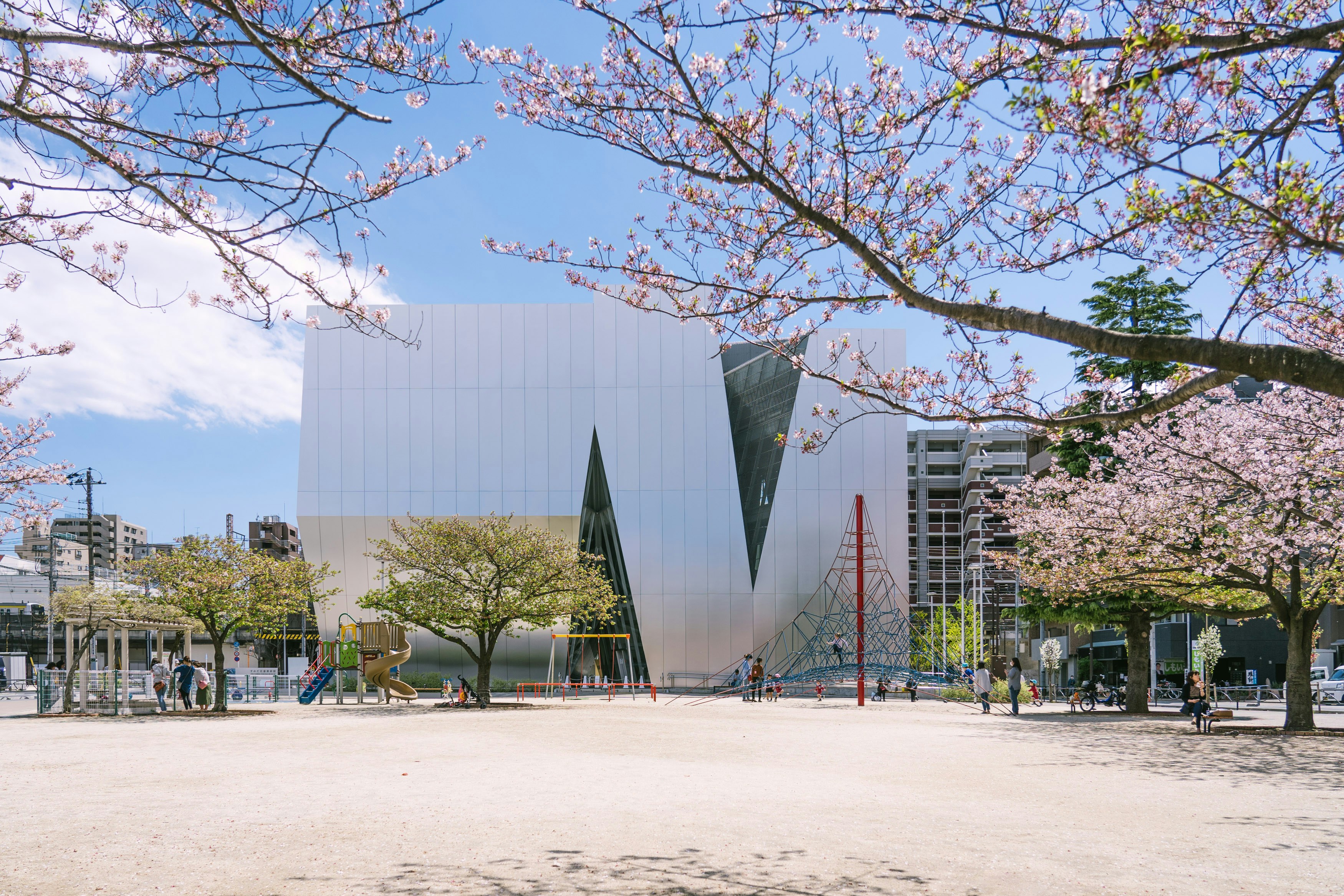 Chrome Geometry Beneath a Sakura Canopy in the City Plaza
