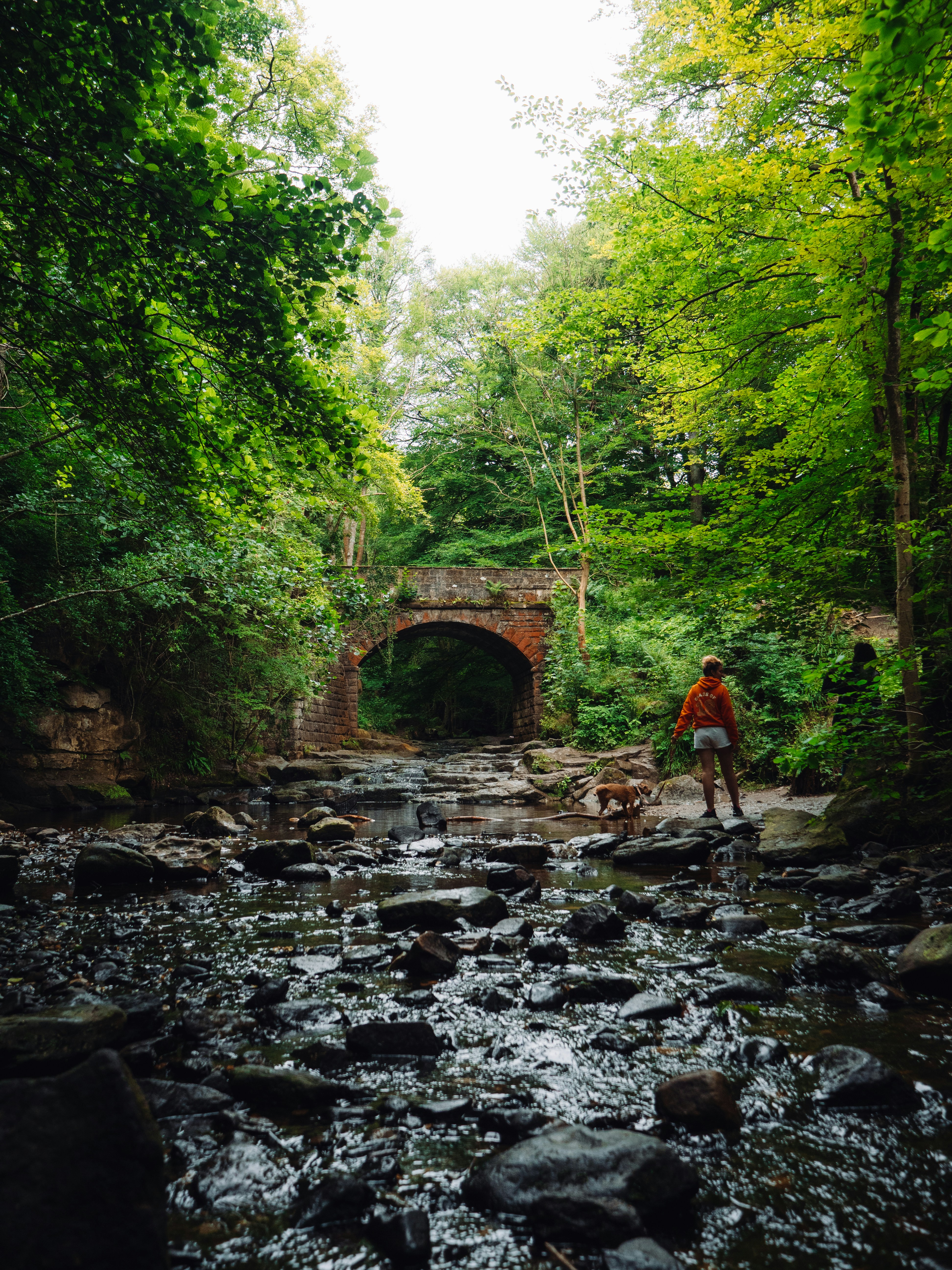a man standing in the middle of a river next to a bridge
