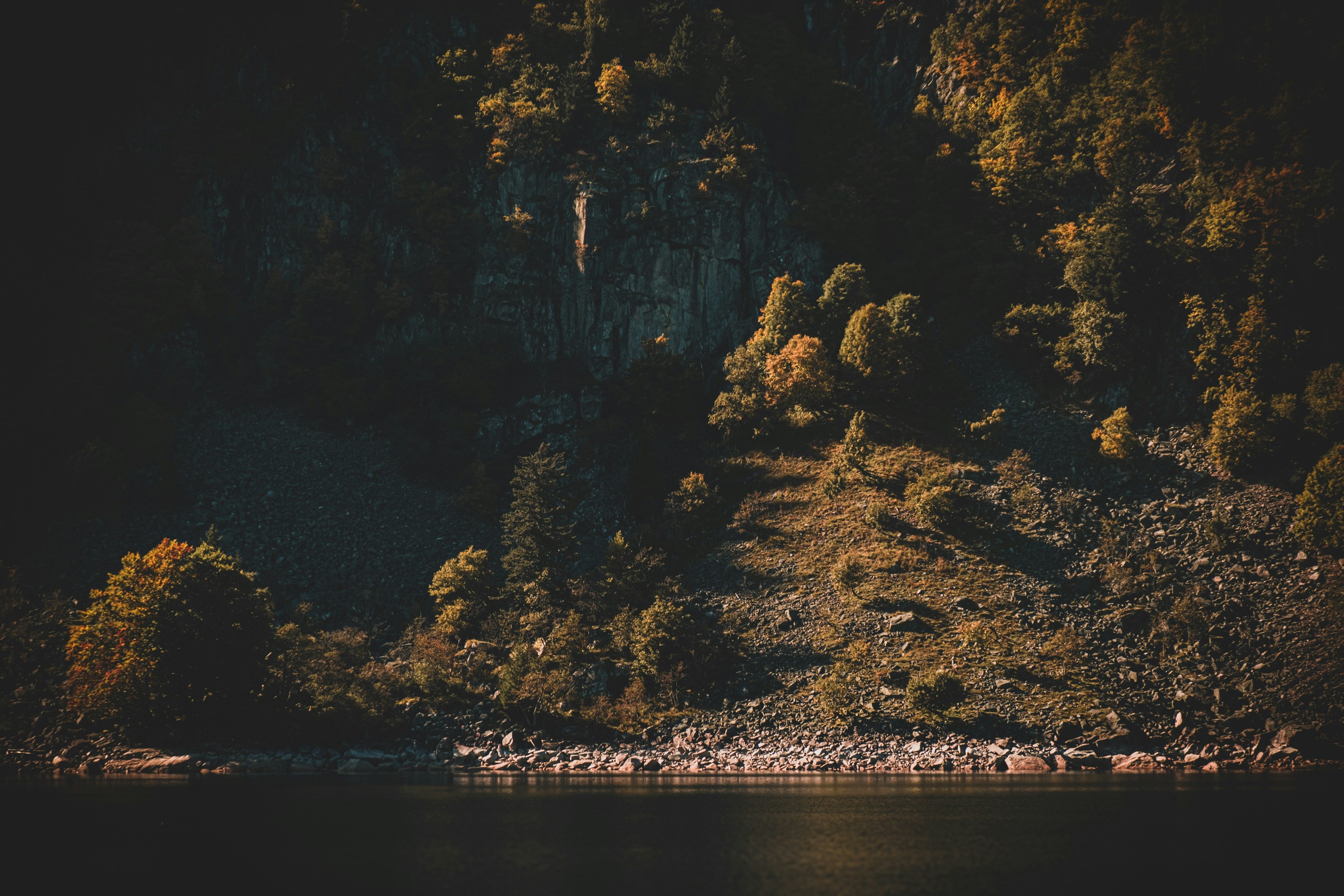 Sunlit autumn foliage on rocky cliffs above a tranquil lake.