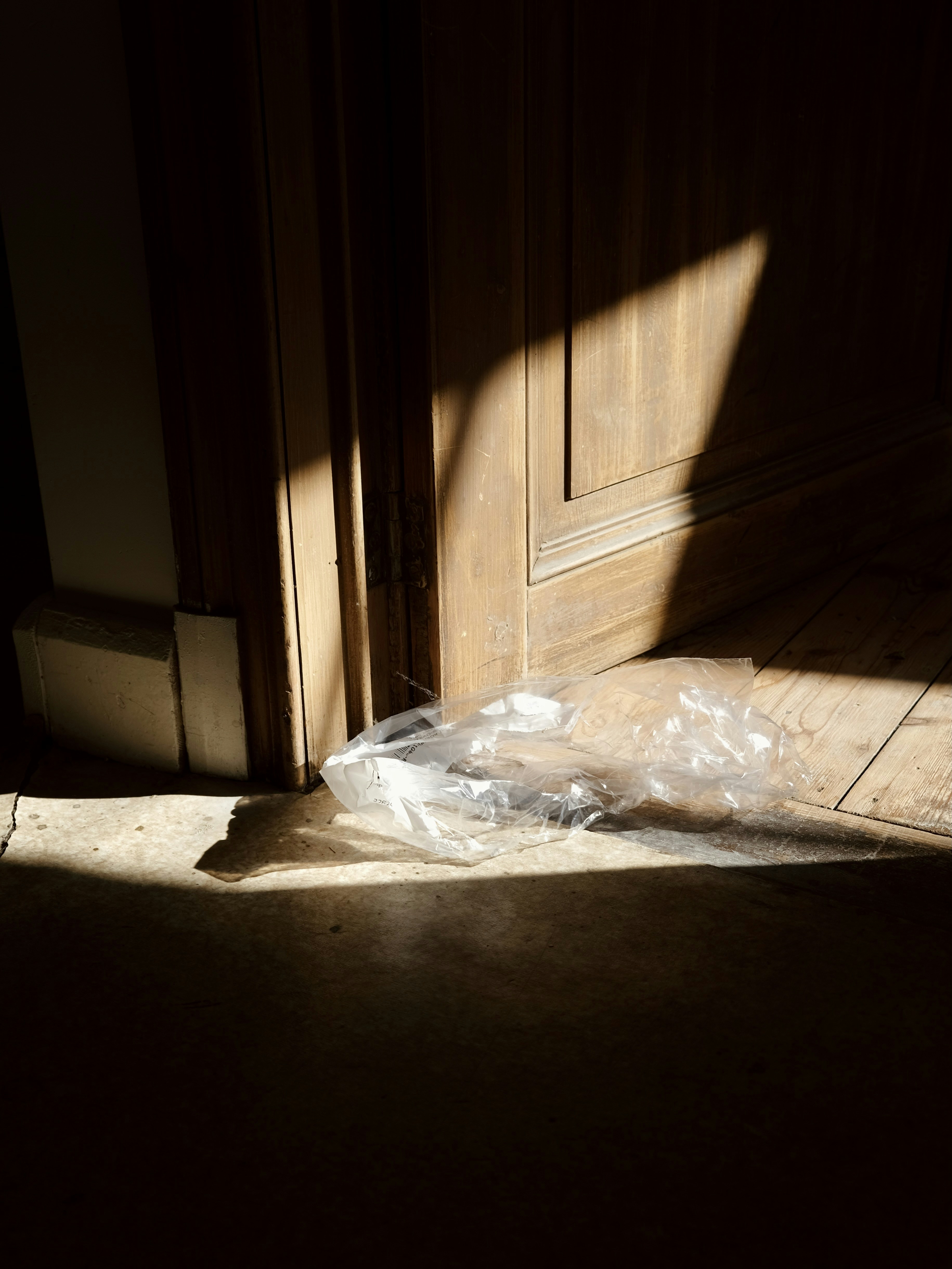 A discarded plastic bag rests on the floor, illuminated by a shaft of light streaming through a partially open door, creating a contrast between light and shadow.