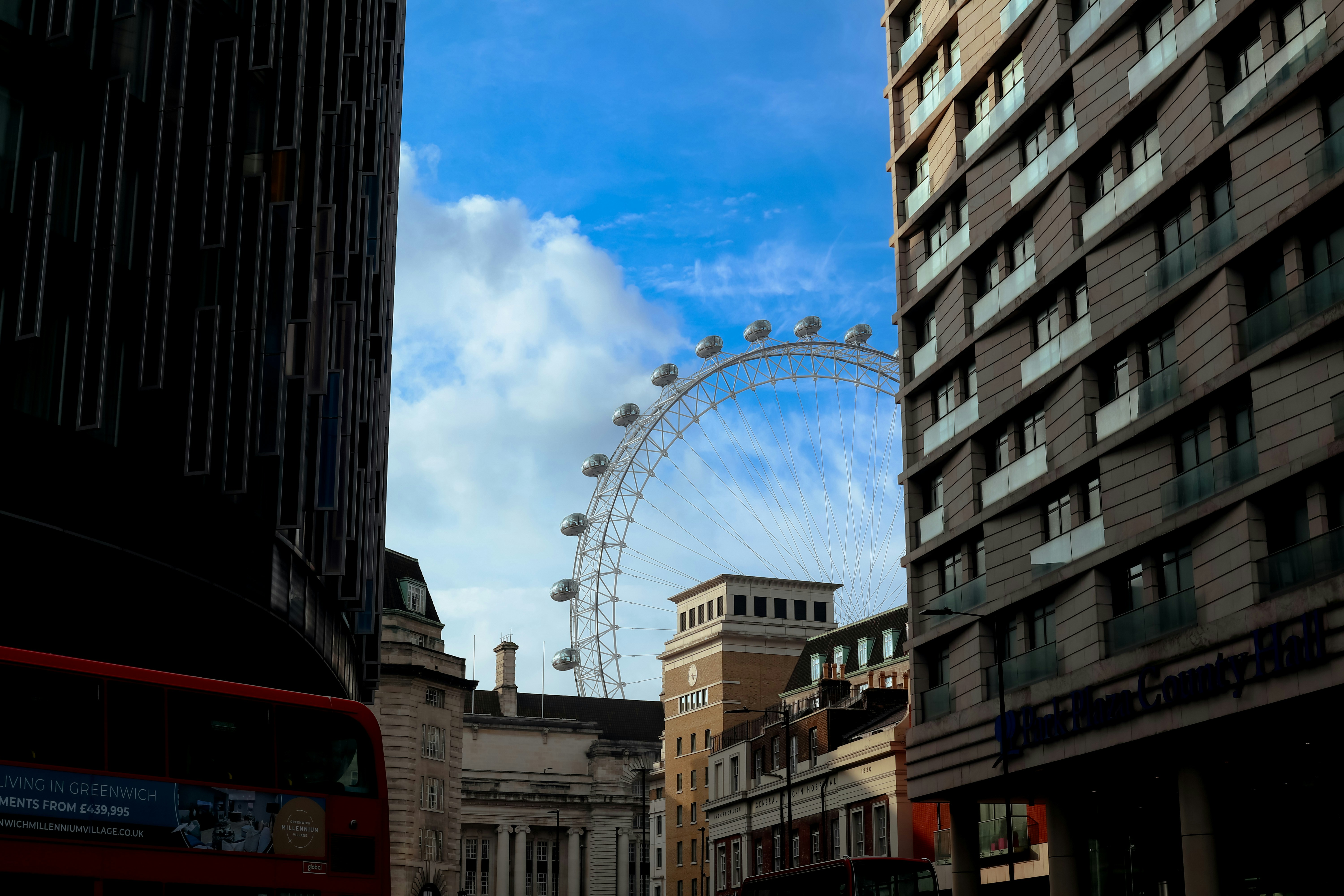 Between Towers and Sky: London Eye Framed by a Narrow City Corridor