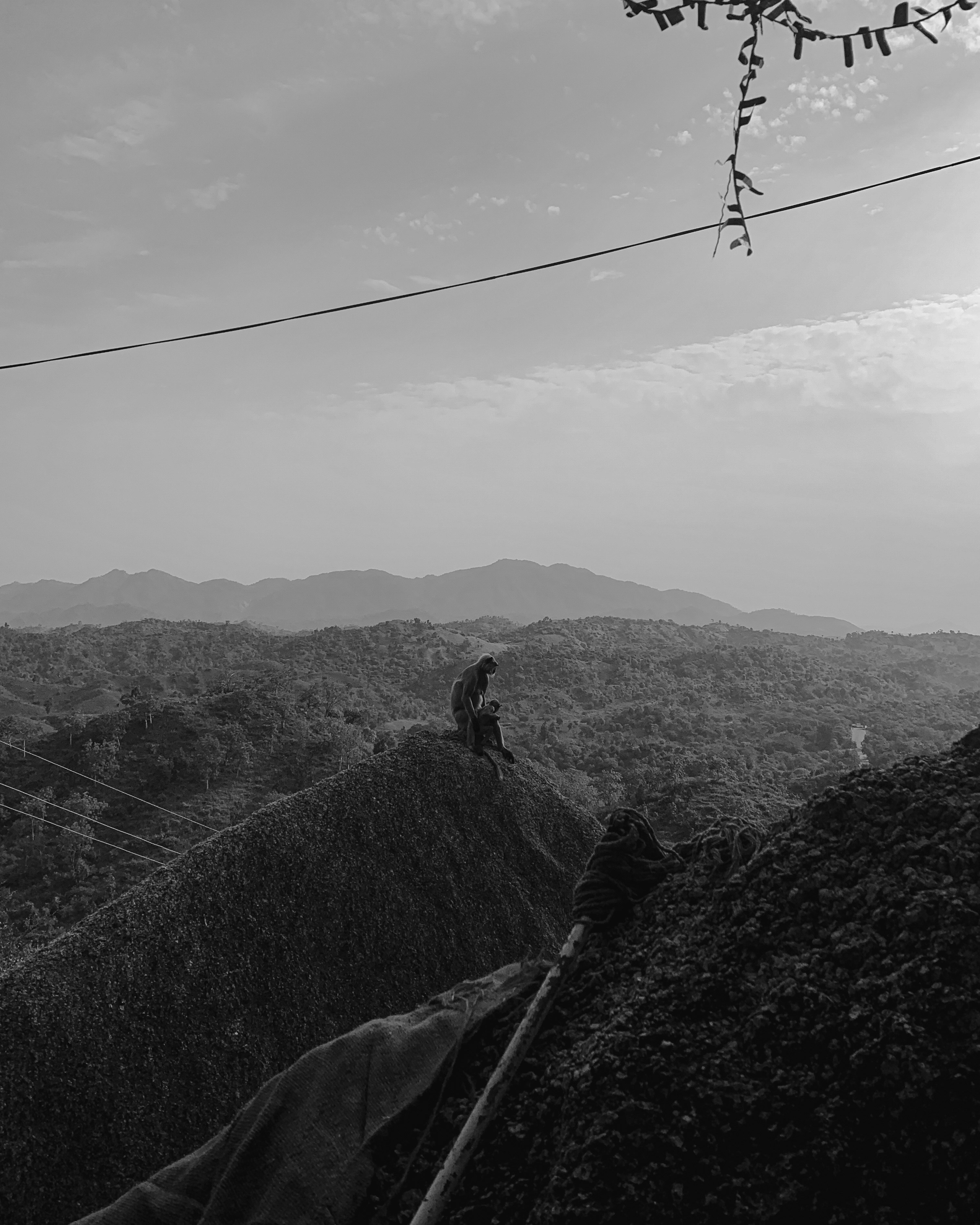 Two figures perched on a rocky outcrop, overlooking a vast mountainous landscape in monochrome. The contrast highlights the relationship between humans and nature.