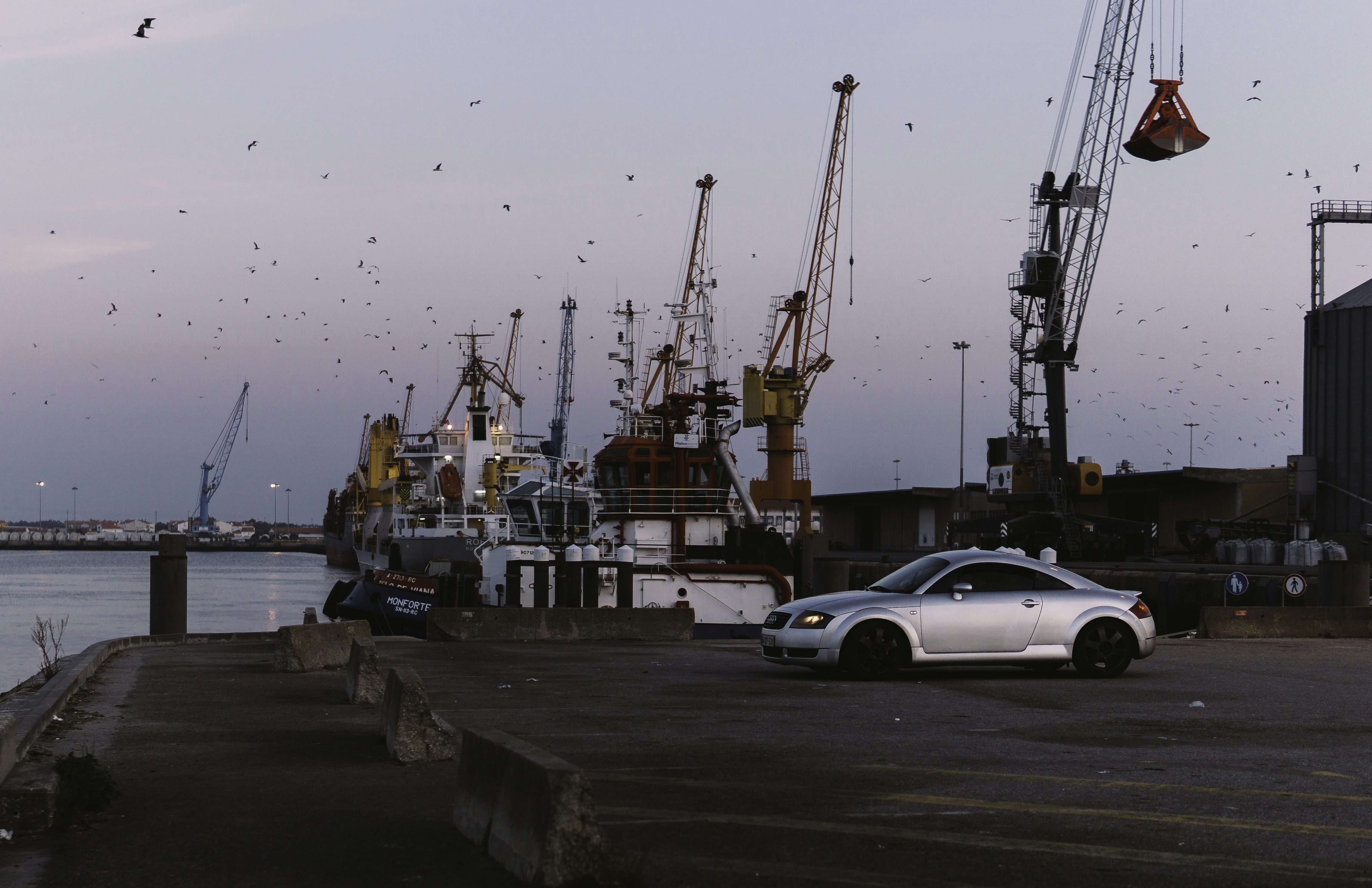 White Sports Car at the Dockside Craneyard