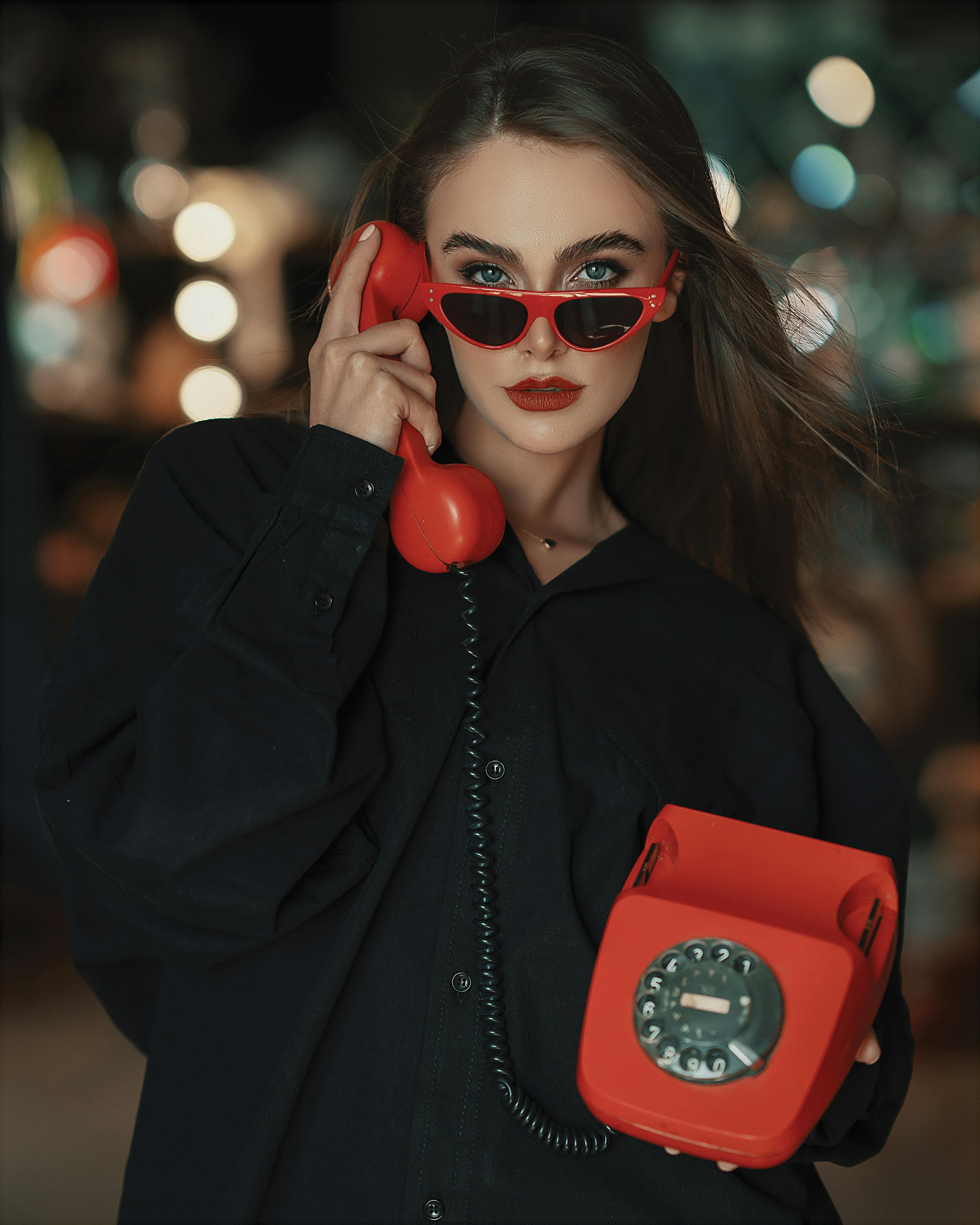 Crimson Call at Midnight: Portrait with a Retro Rotary Phone
