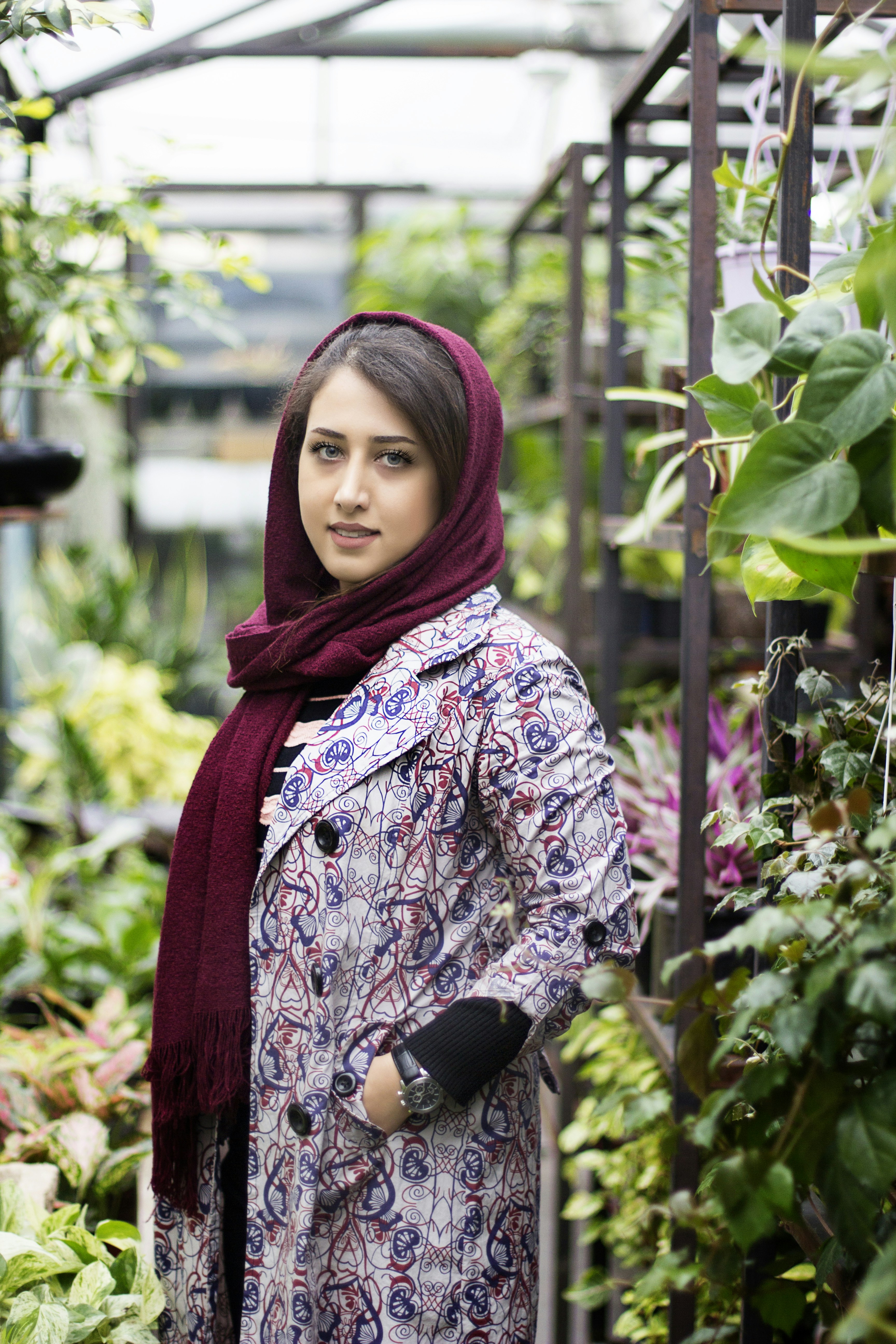 Scarlet Scarf in a Greenhouse Portrait