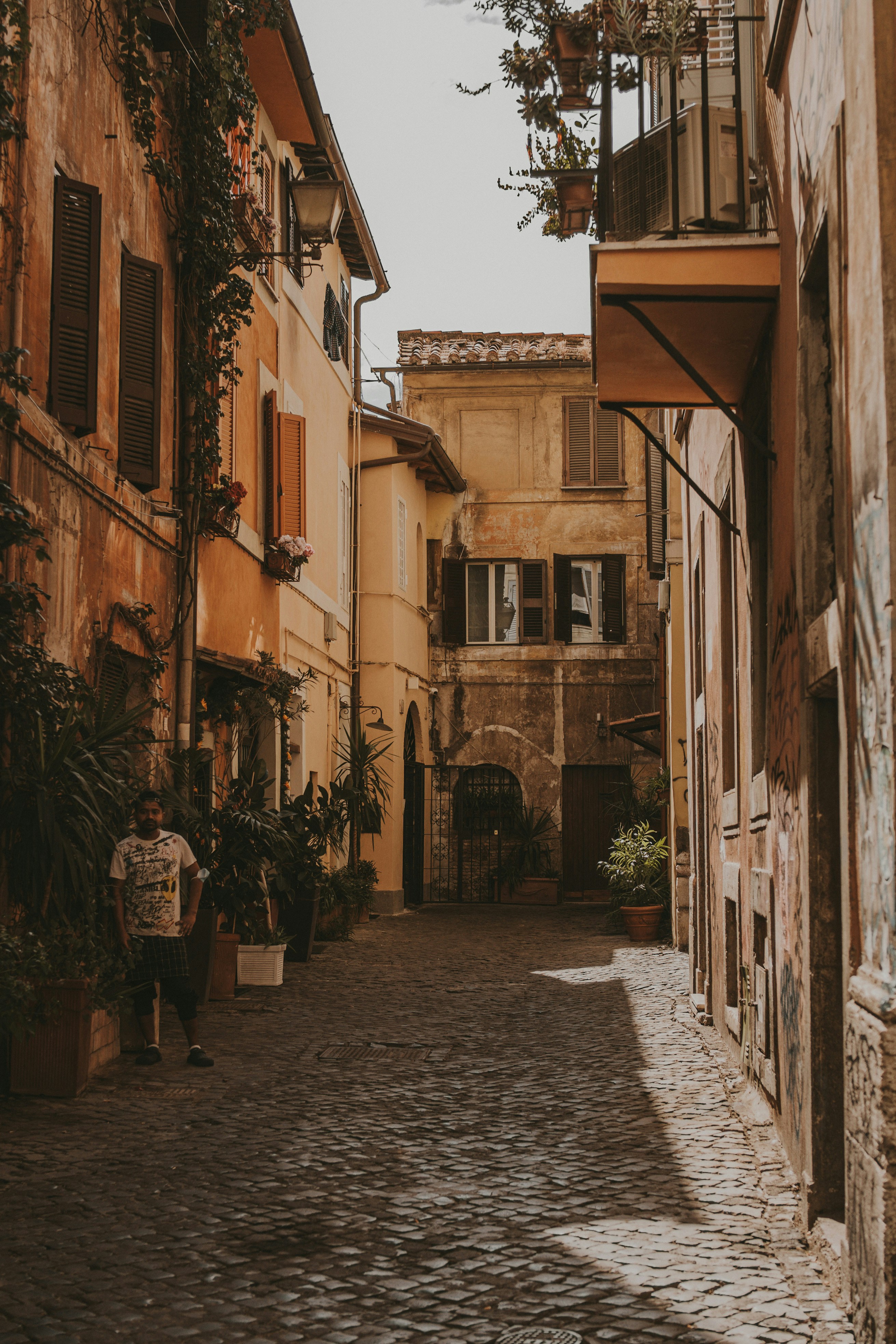Narrow cobblestone street lined with rustic buildings adorned with greenery and sunlight filtering through. A figure stands quietly, adding life to the serene scene.