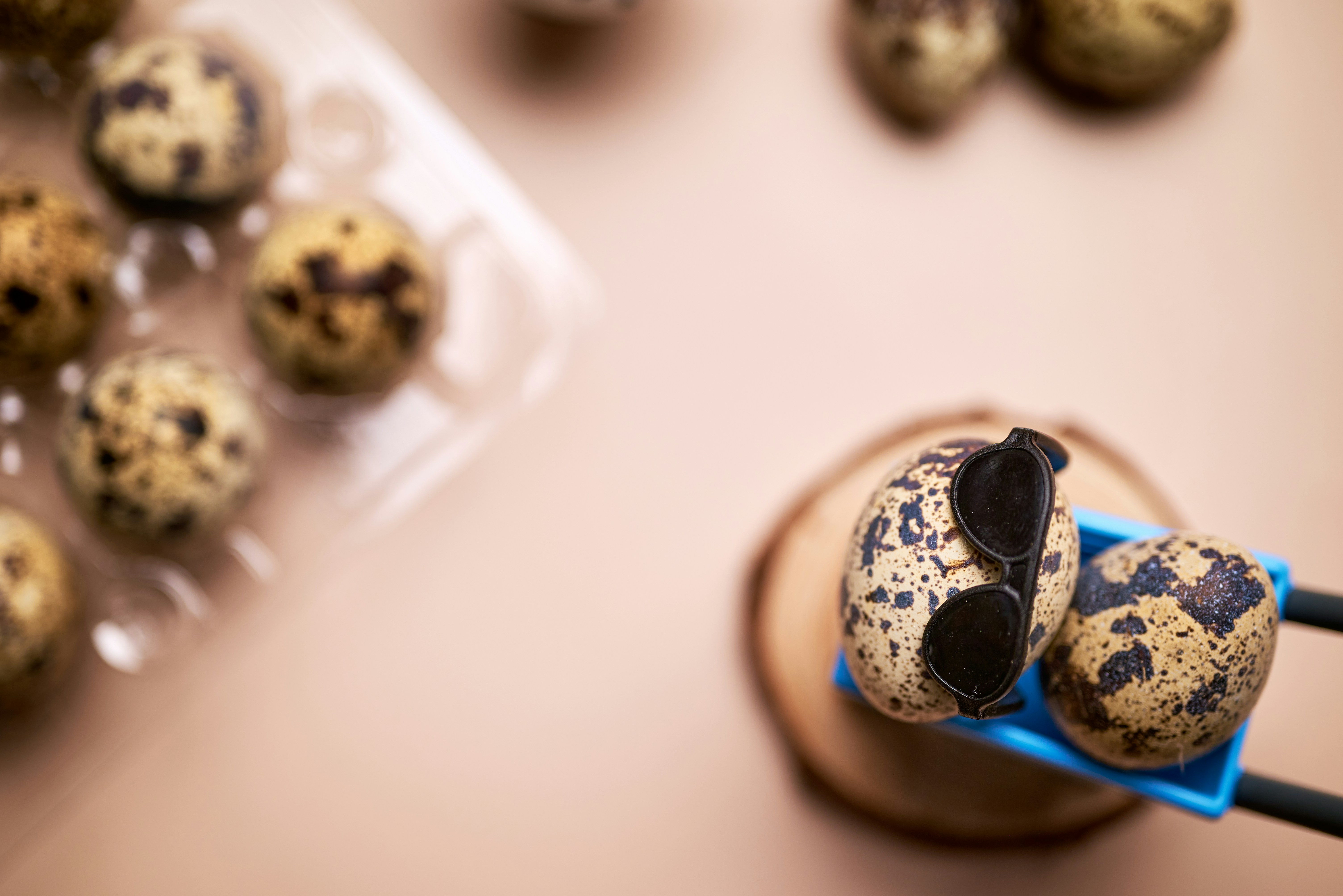 Eggs in Focus: Quirky Top-Down Shot with a Dark Sunglasses Moment