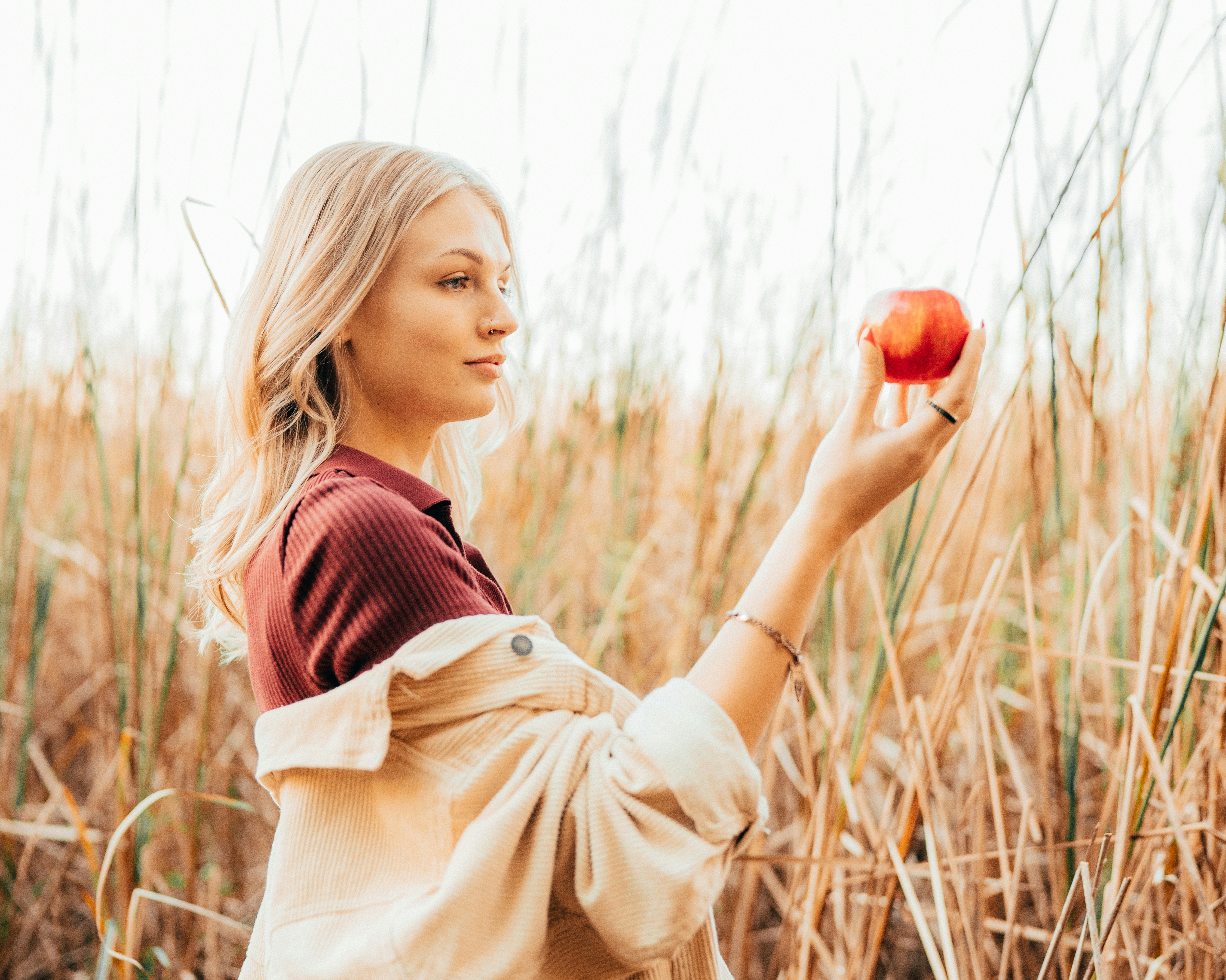 Harvest Light: Amber-Field Portrait with an Apple Moment