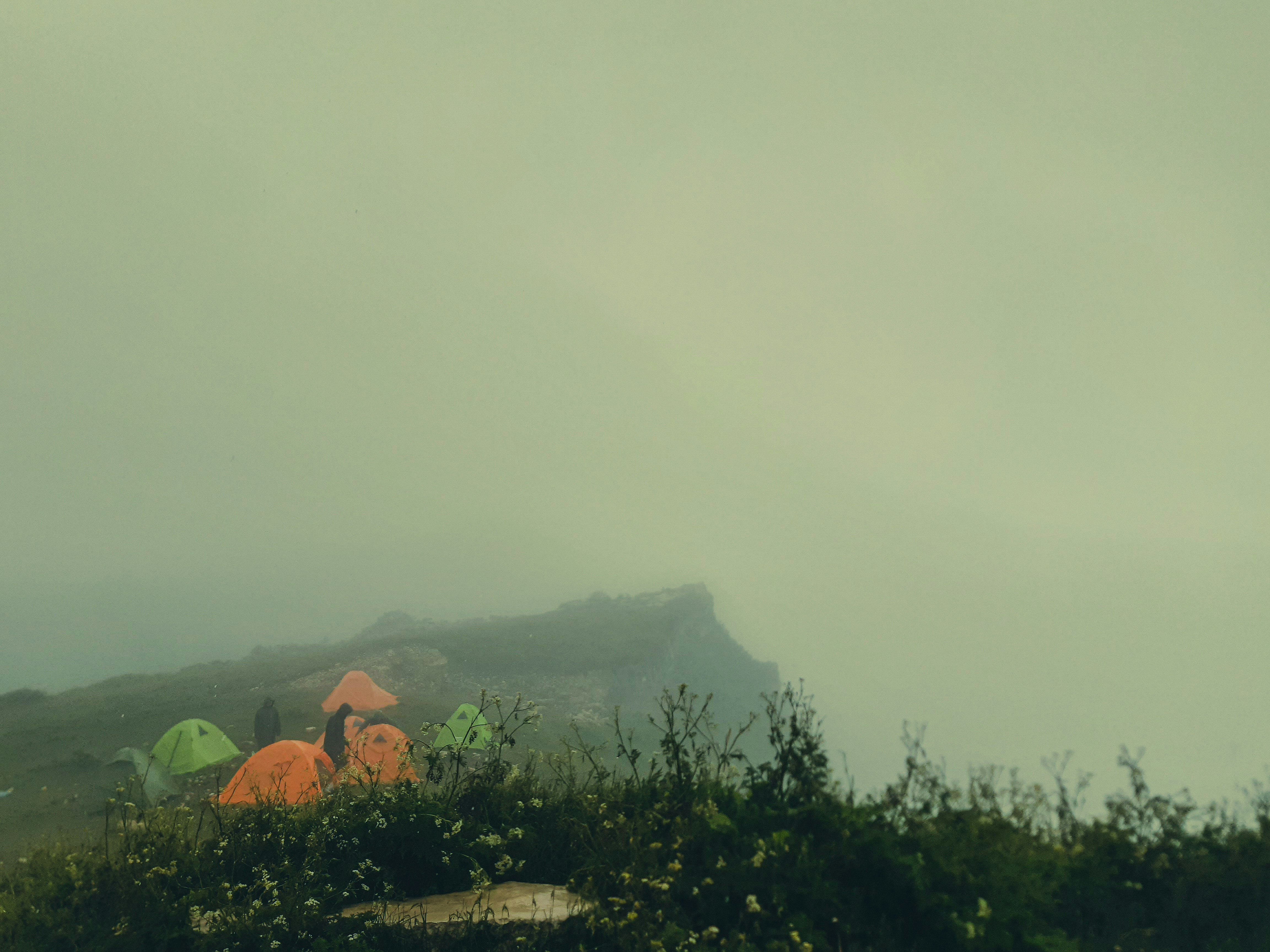 Misty ridge campsite with bright orange and green tents among shrubs, fog-softened hill in the distance.