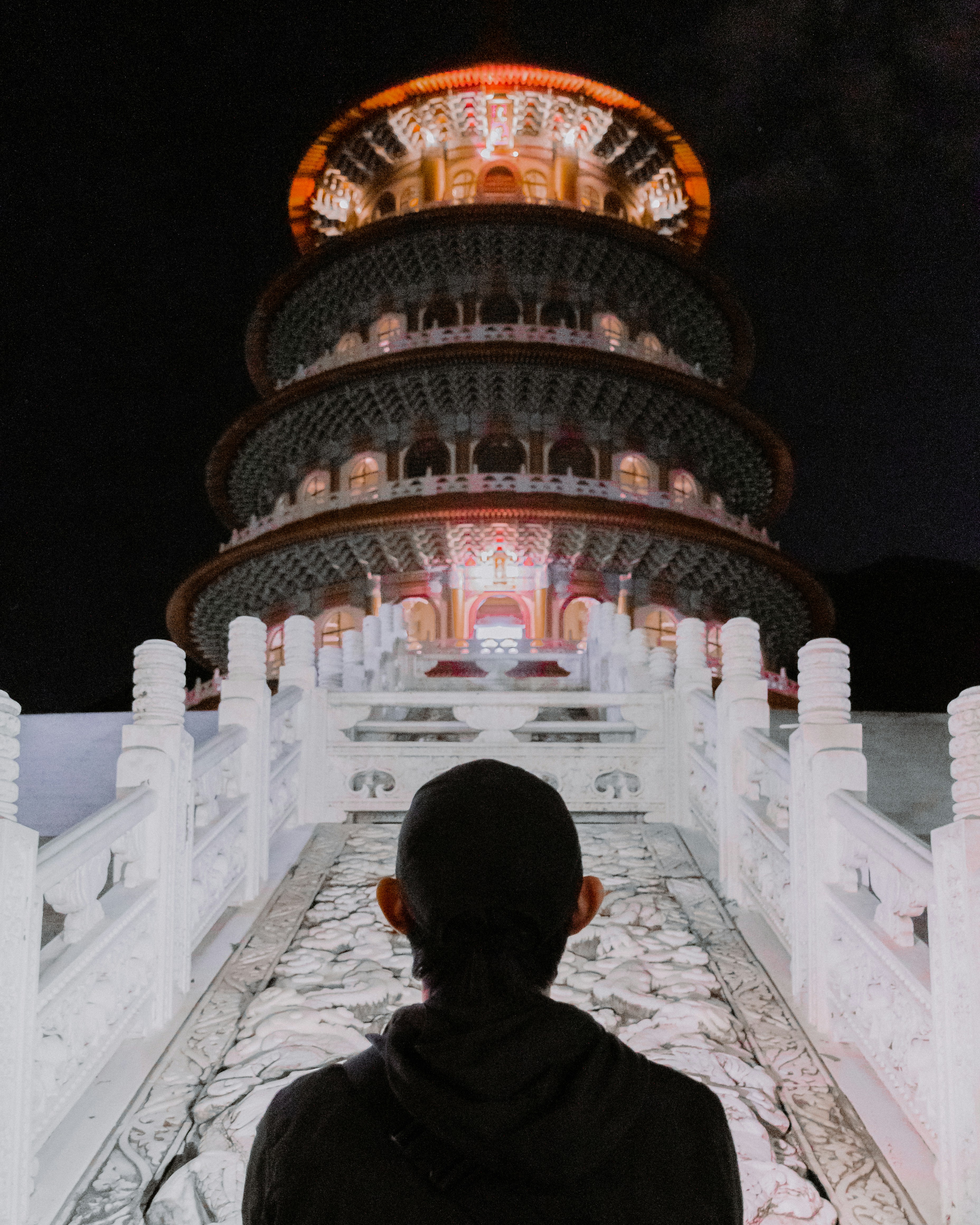 Moonlit Ascent to the Lanterned Pagoda