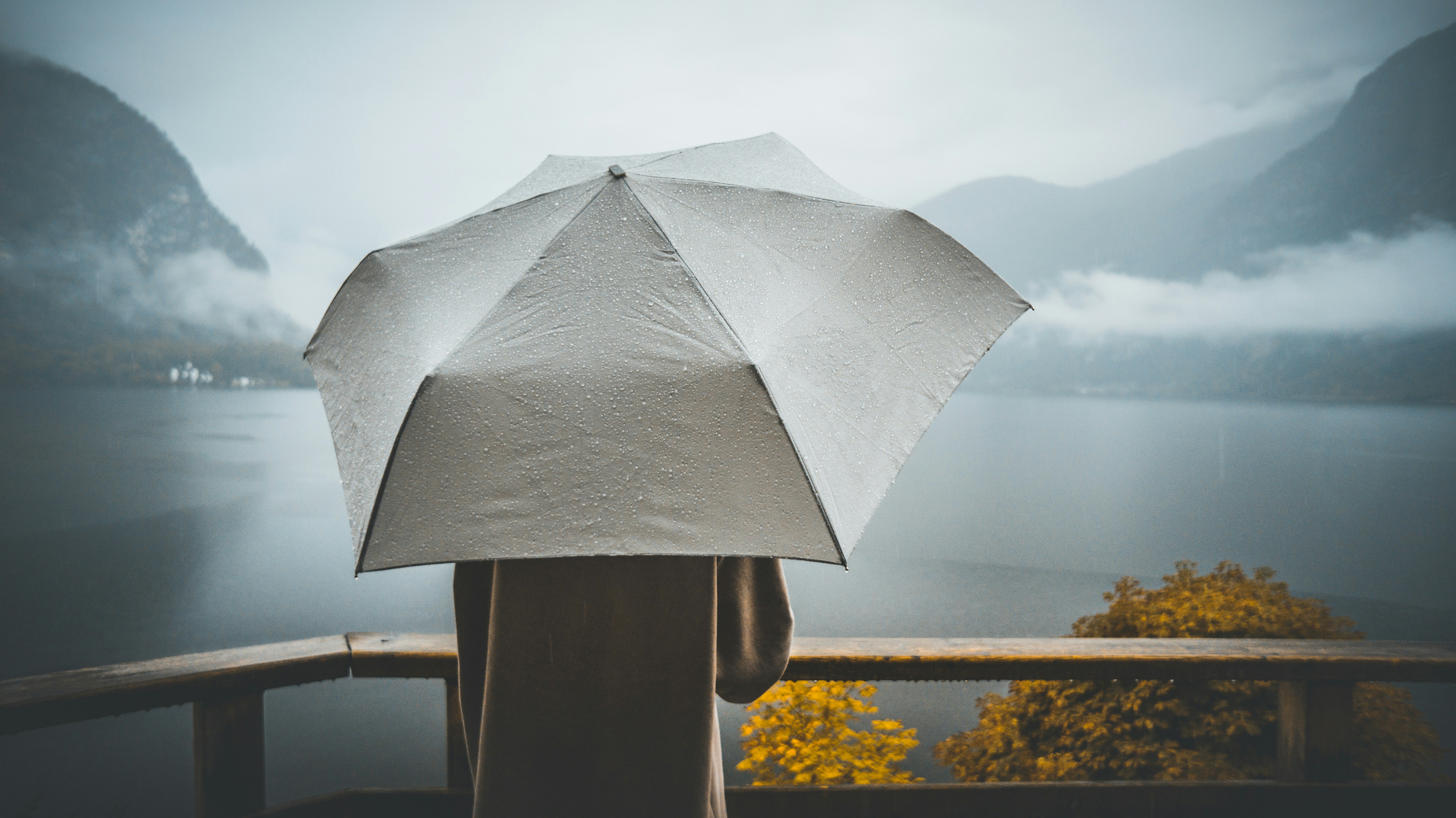 Umbrella Overlook: Misty Mountain Lake Serenity