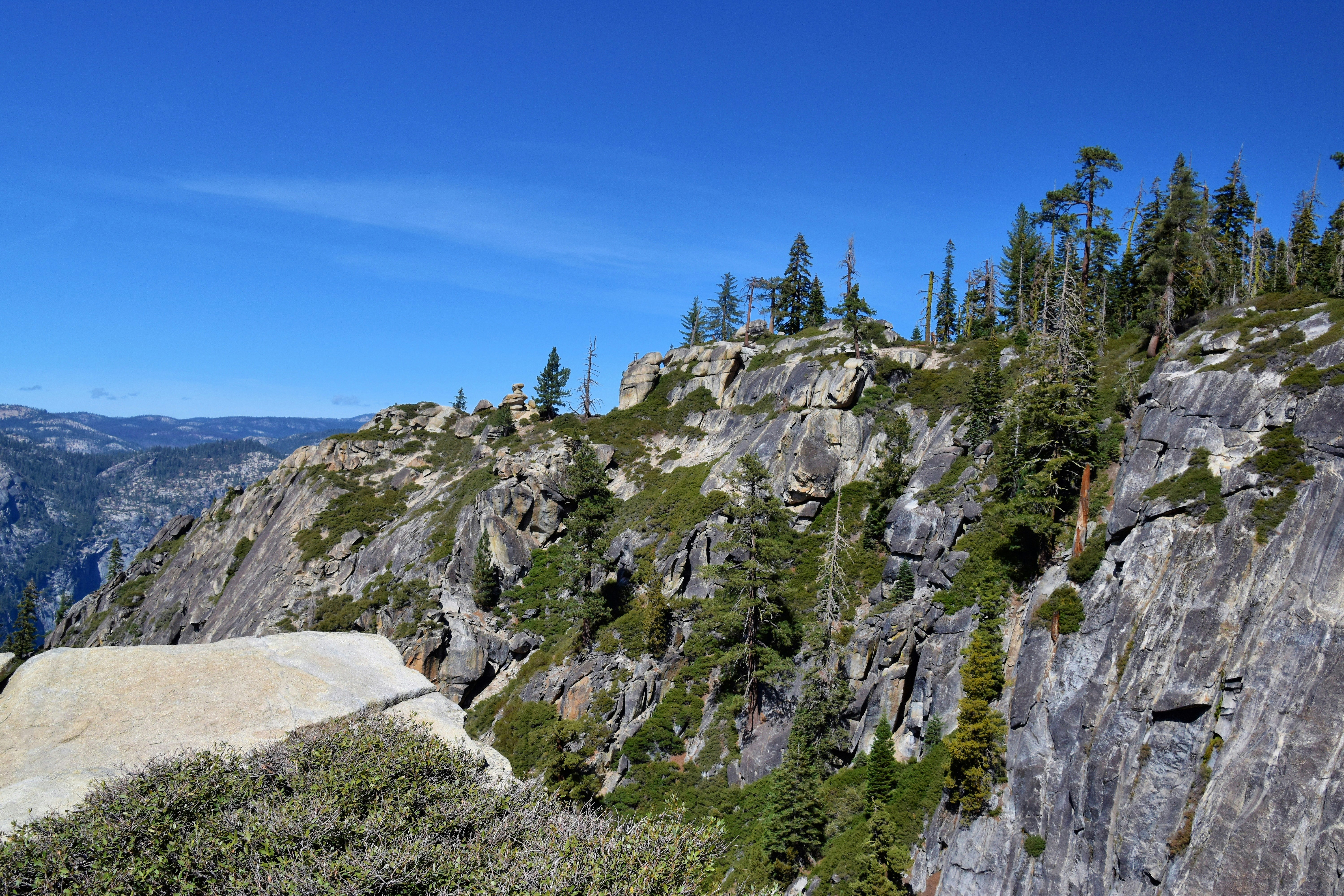 Una vista de una montaña rocosa con árboles en el costado foto – Imagen ...