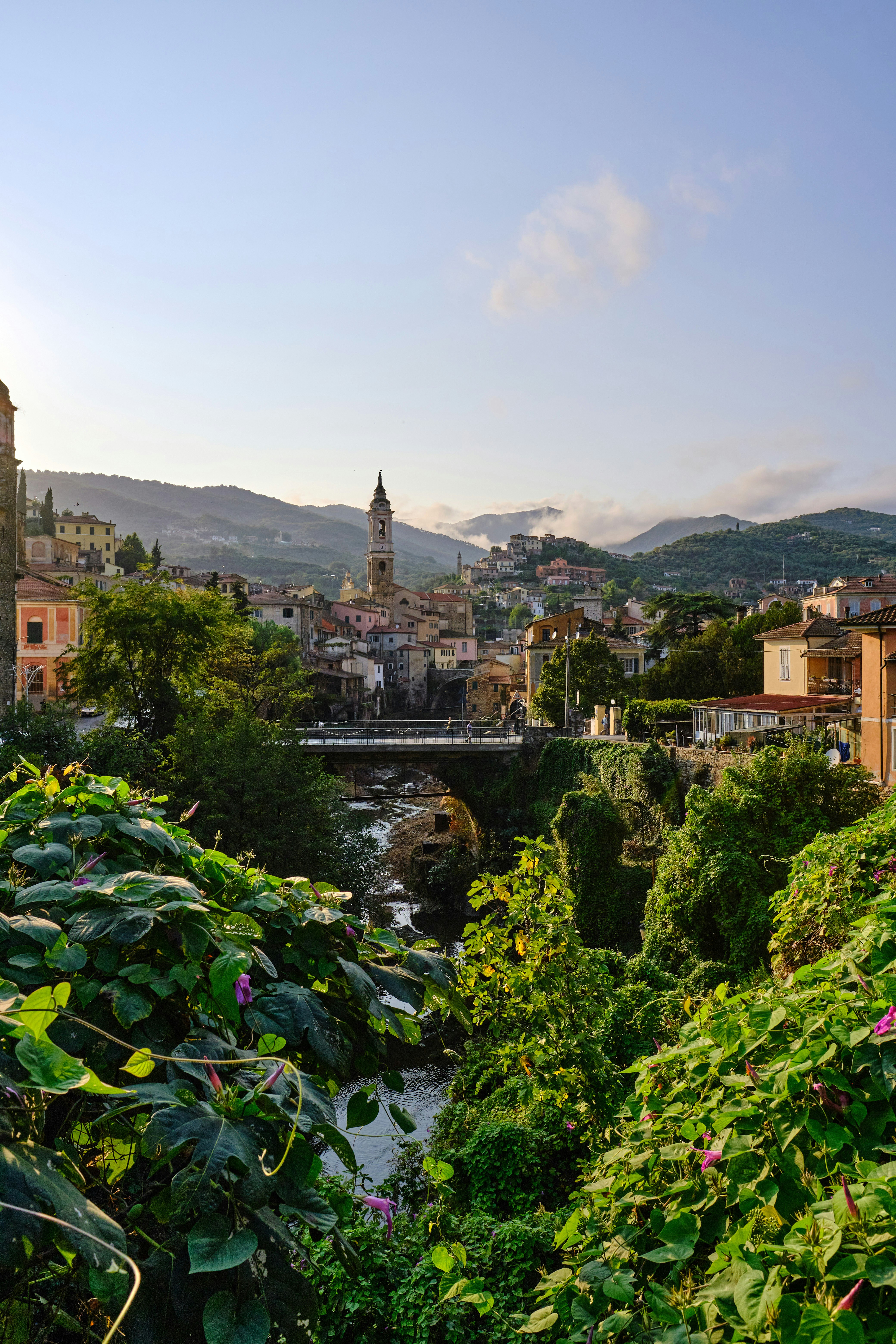 Bell Tower Over River: Sunlit Italian Village Framed by Lush Foreground