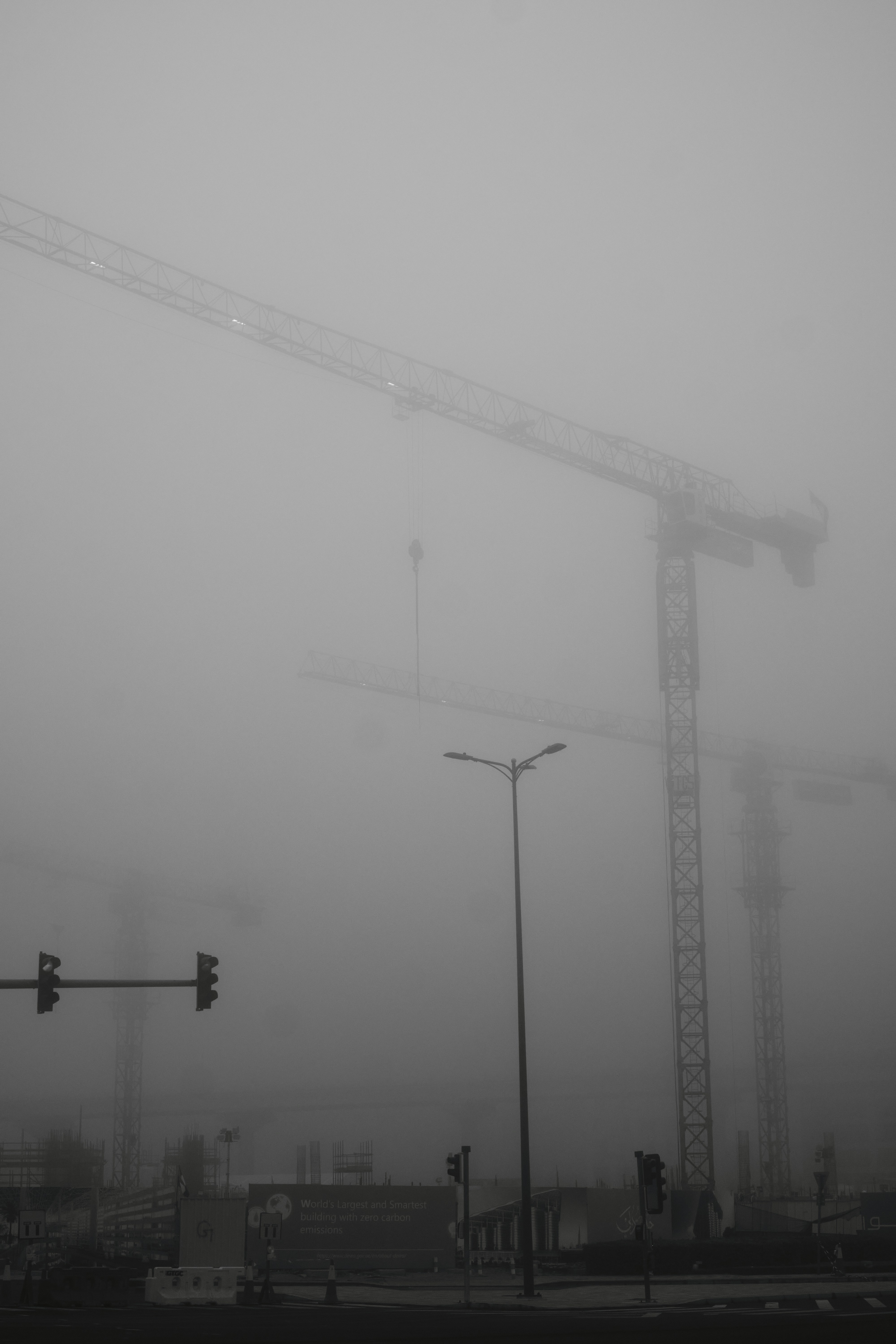 Monochrome Giants: Cranes Cutting Through Fog