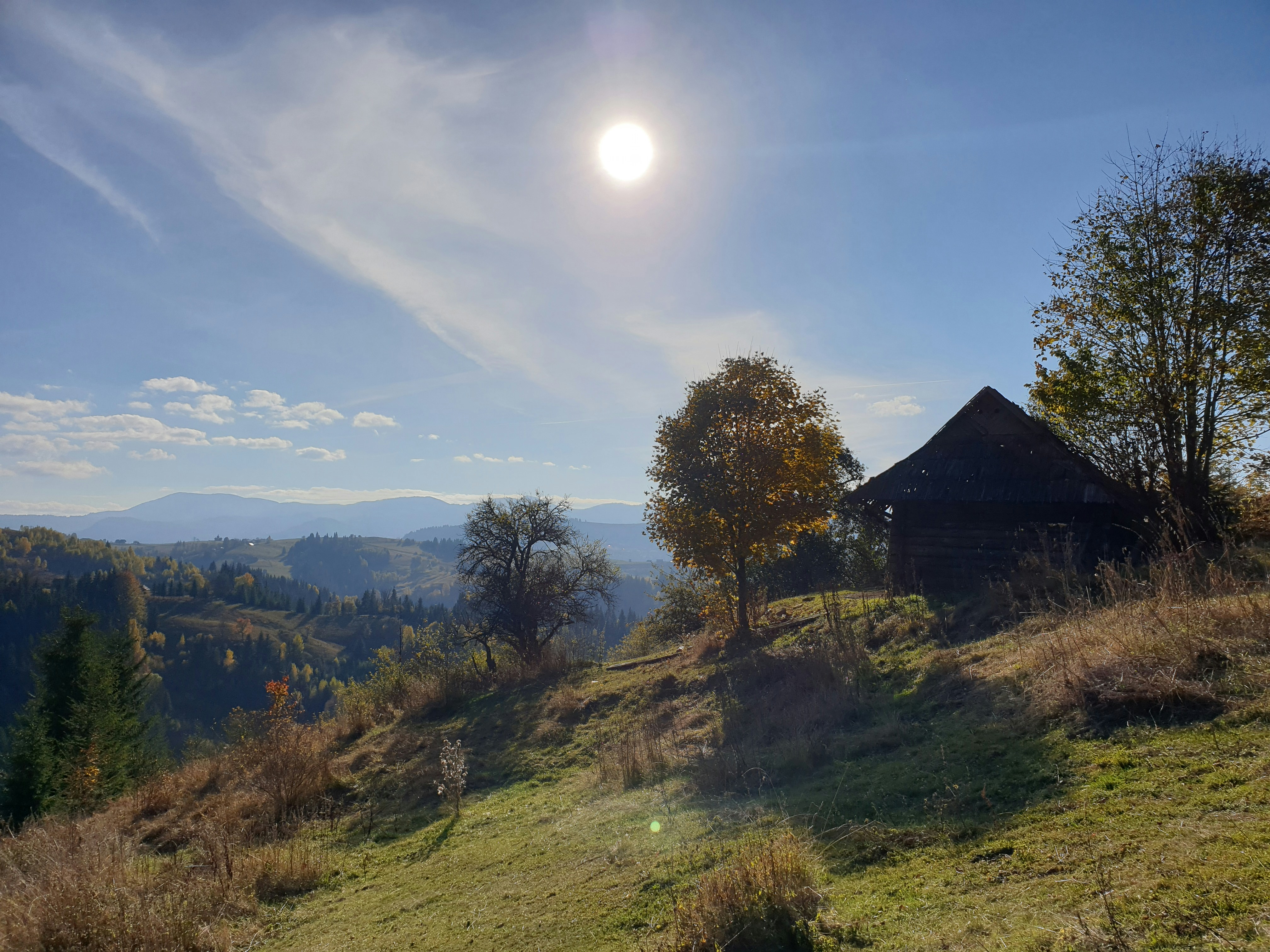 The sun is shining over a small cabin on a hill photo – Free Nature ...