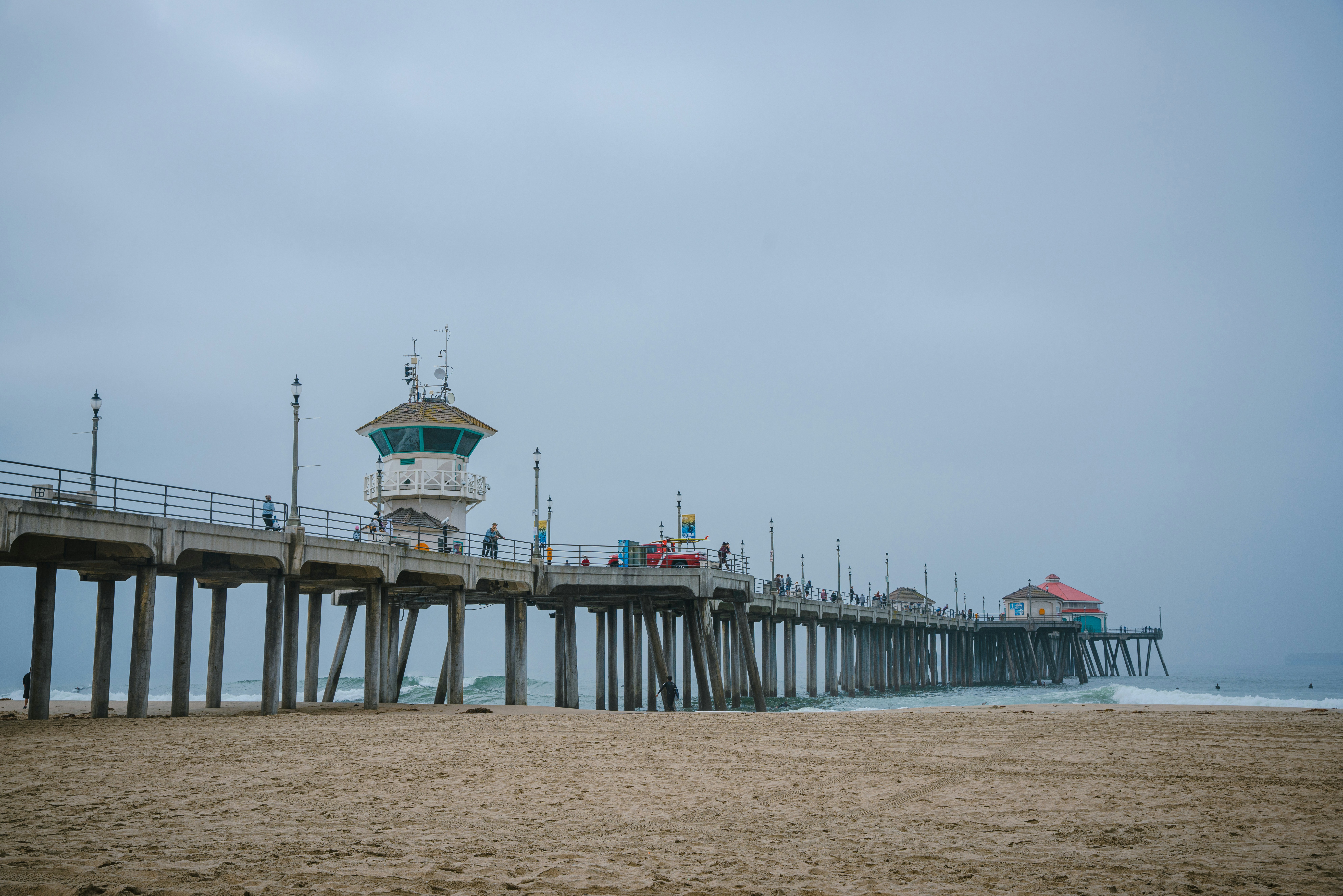 A foggy day on Huntington Beach, California. 