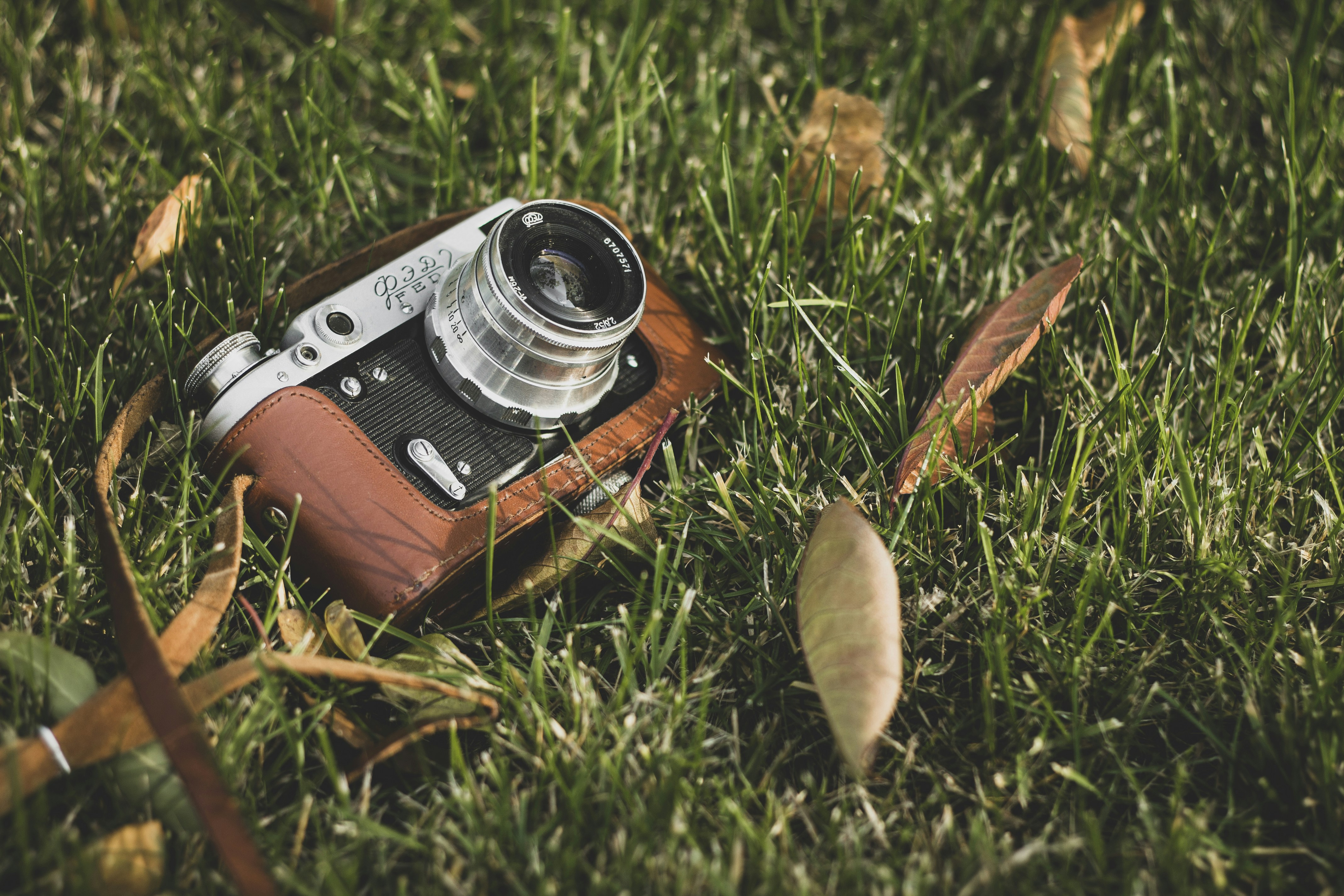 A camera sitting on top of a grass covered field photo – Free 35mm film ...