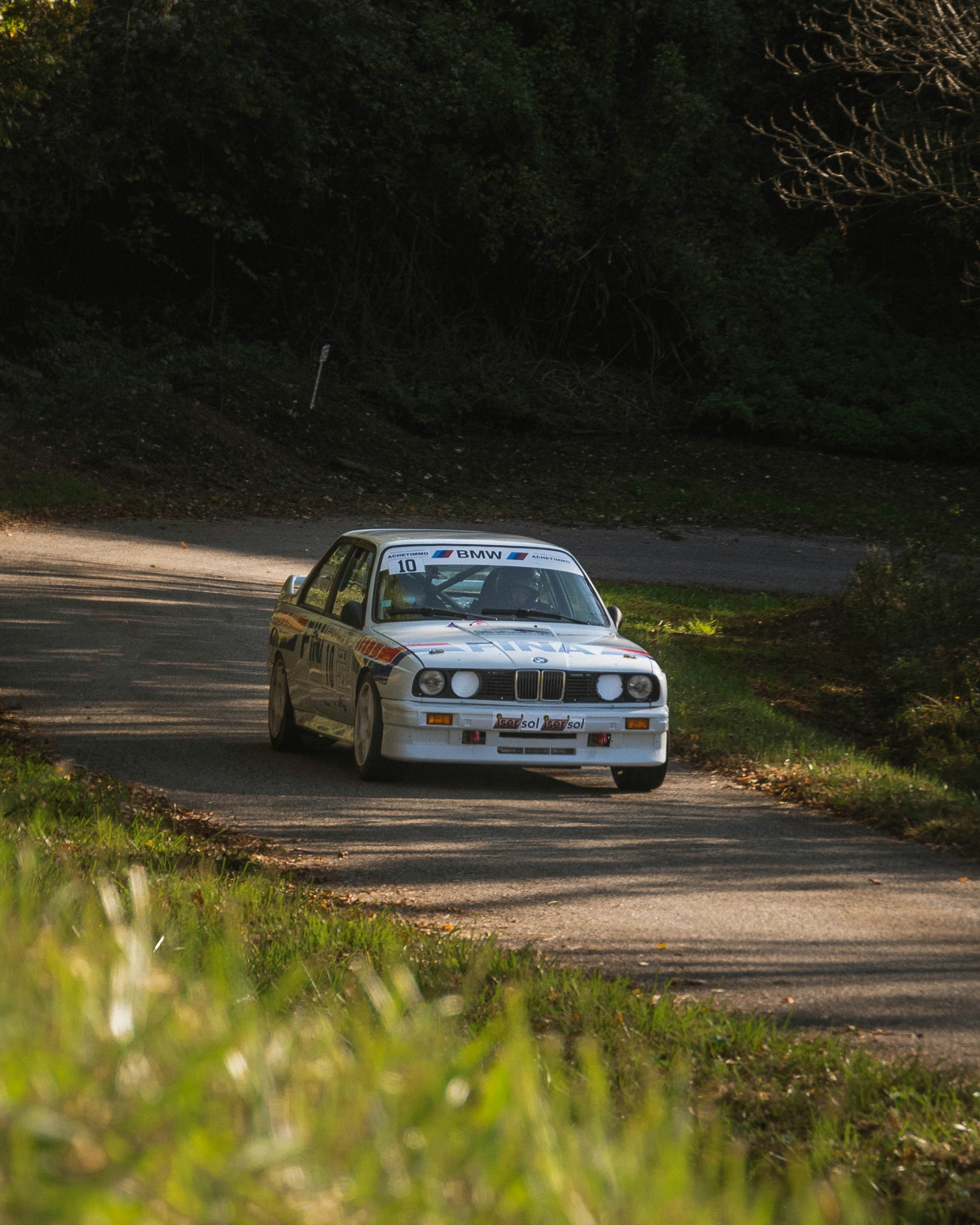 Dappled Forest Bend: A White BMW Rally Car in Motion