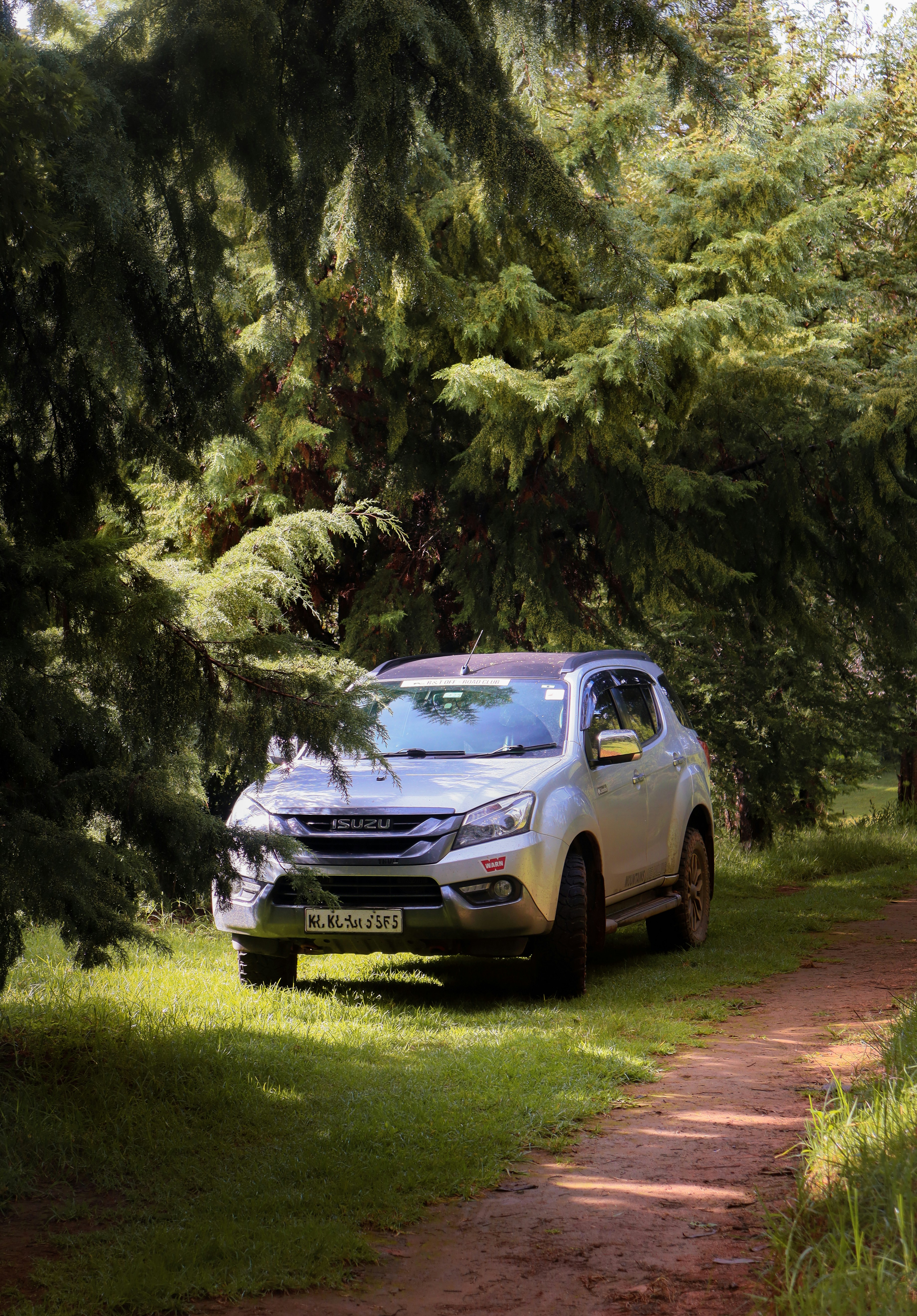 Silver SUV parked on a dirt path surrounded by lush greenery and tall trees. The scene captures a moment of tranquility in a natural setting.