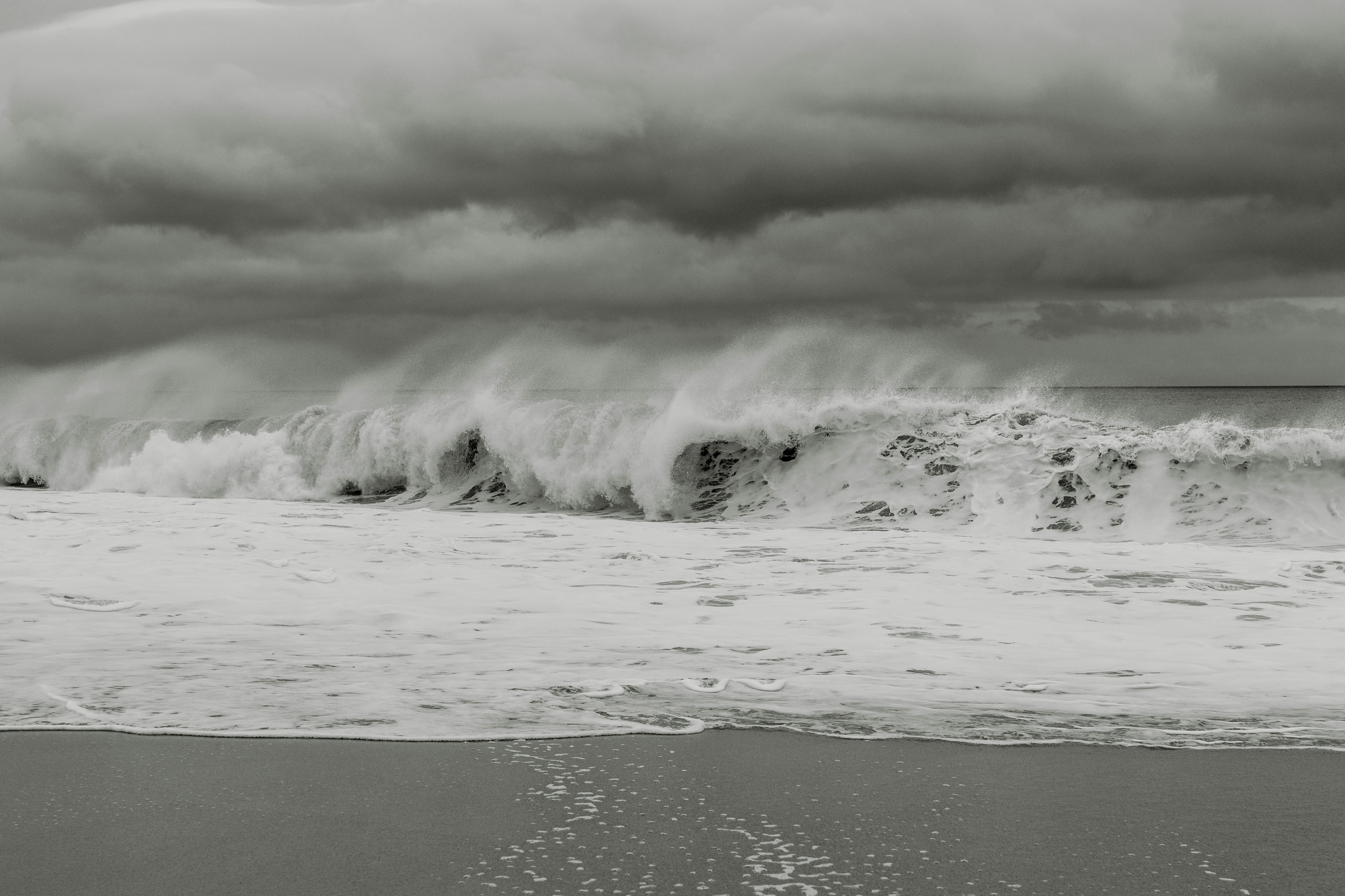 Une photo en noir et blanc des vagues s’écrasant sur la plage photo ...