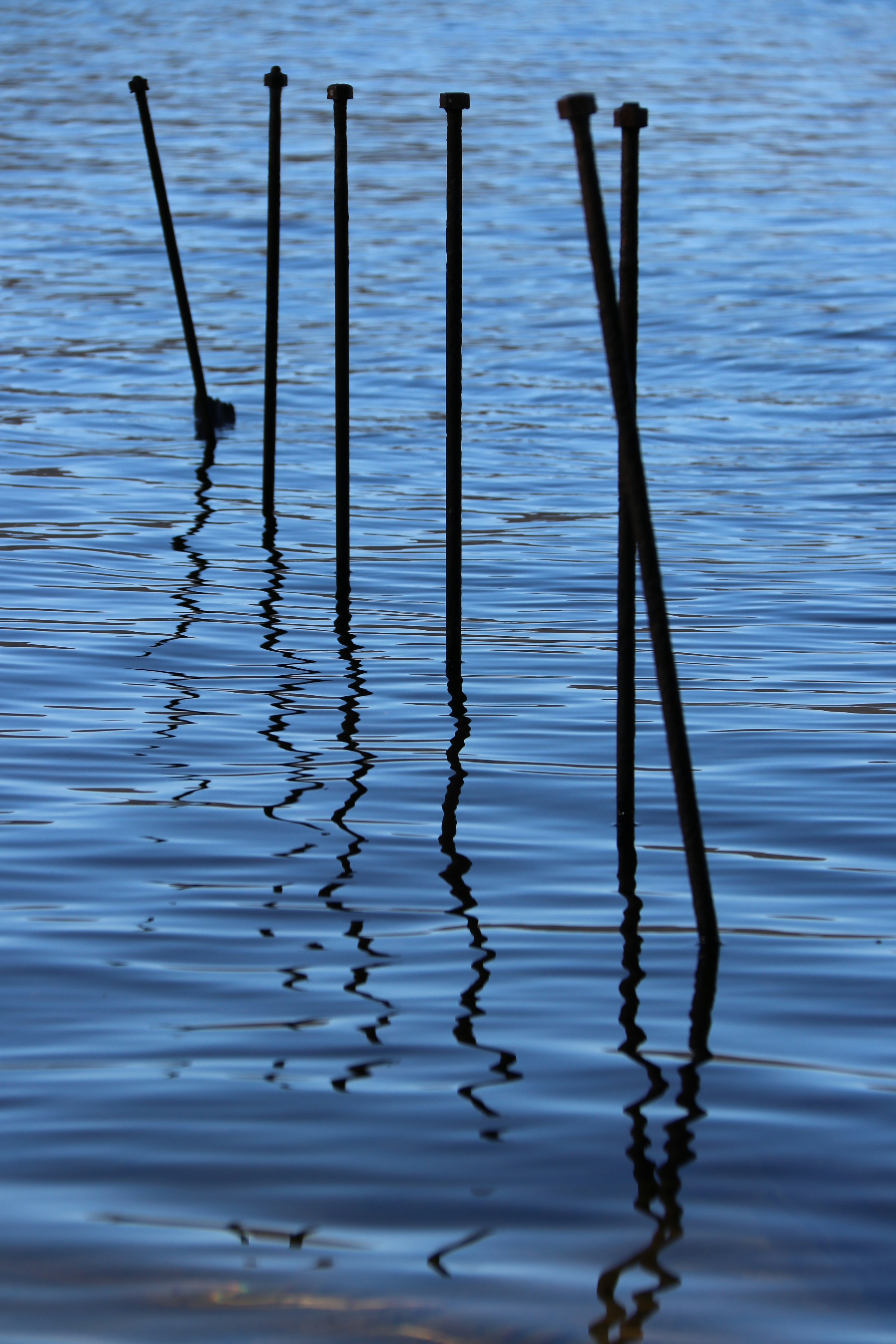 Vertical metal rods emerge from the tranquil water, their reflections creating a mesmerizing pattern on the surface. The scene evokes a sense of stillness and contemplation.