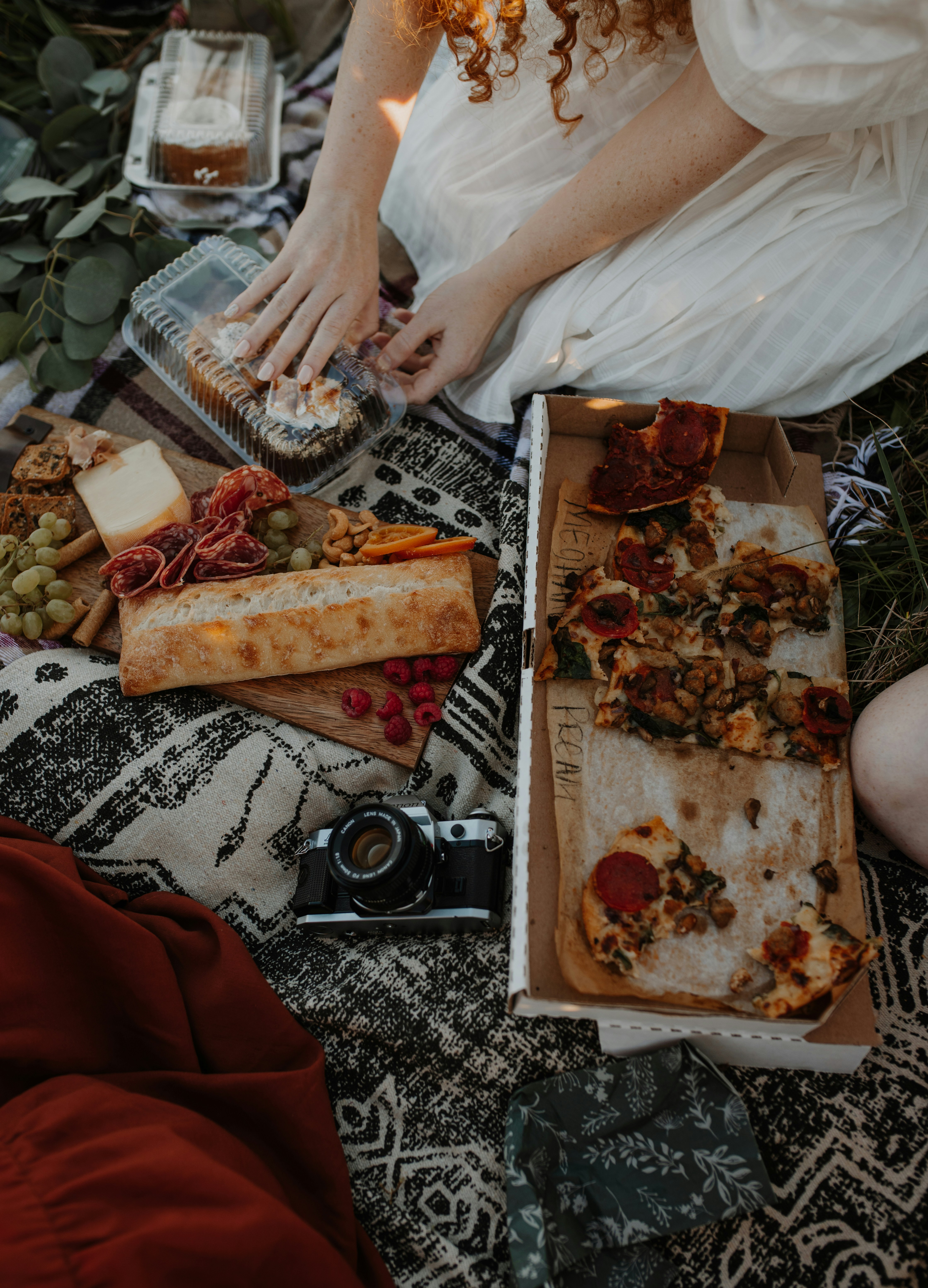 Pizza and Pleasures: A Hands-On Picnic Moment on a Patterned Blanket