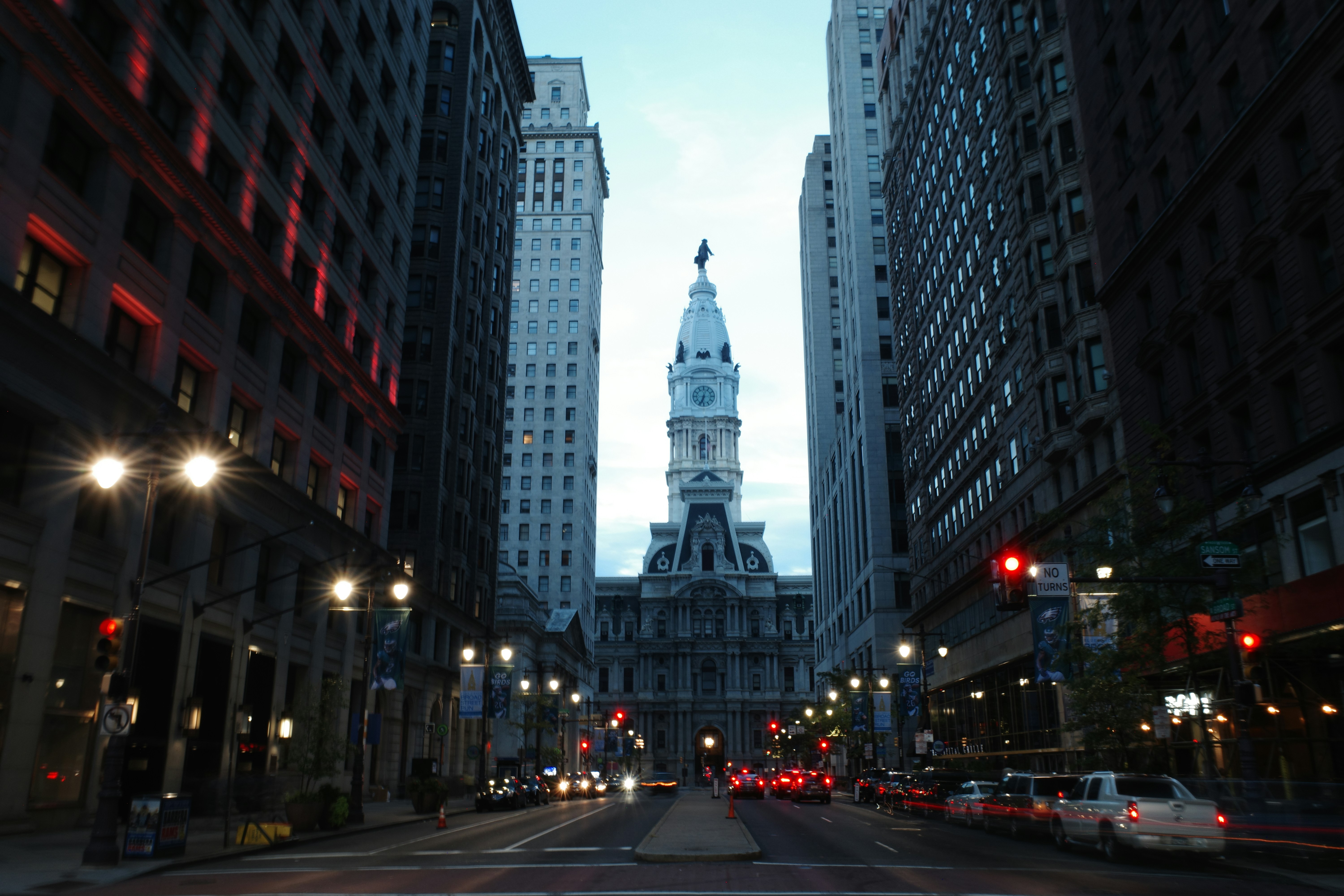 Dusk Convergence: A Street Canyon Framing the Civic Clock Tower