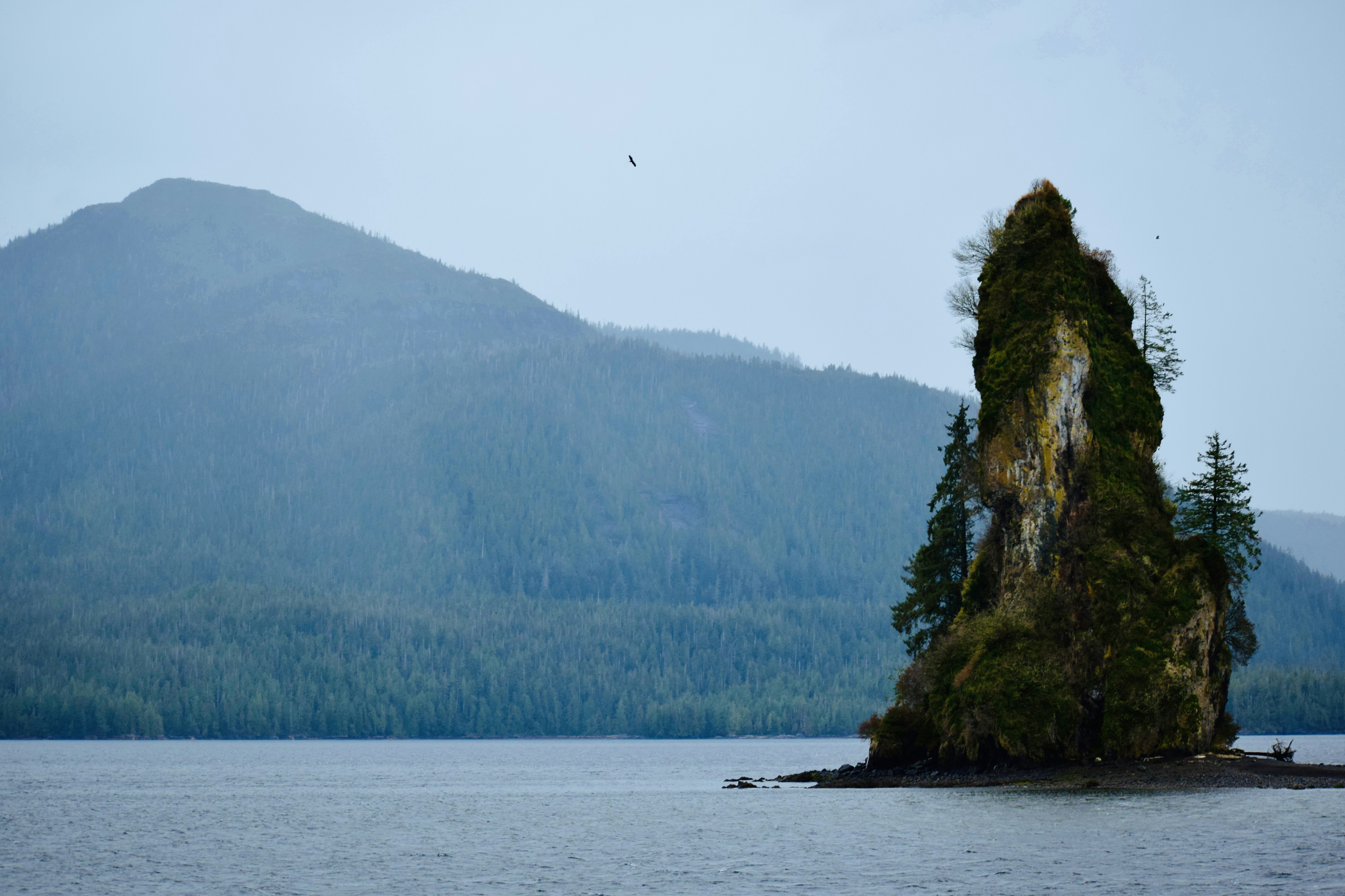 Tall, rocky island covered in greenery stands against a misty mountainous backdrop over calm waters.