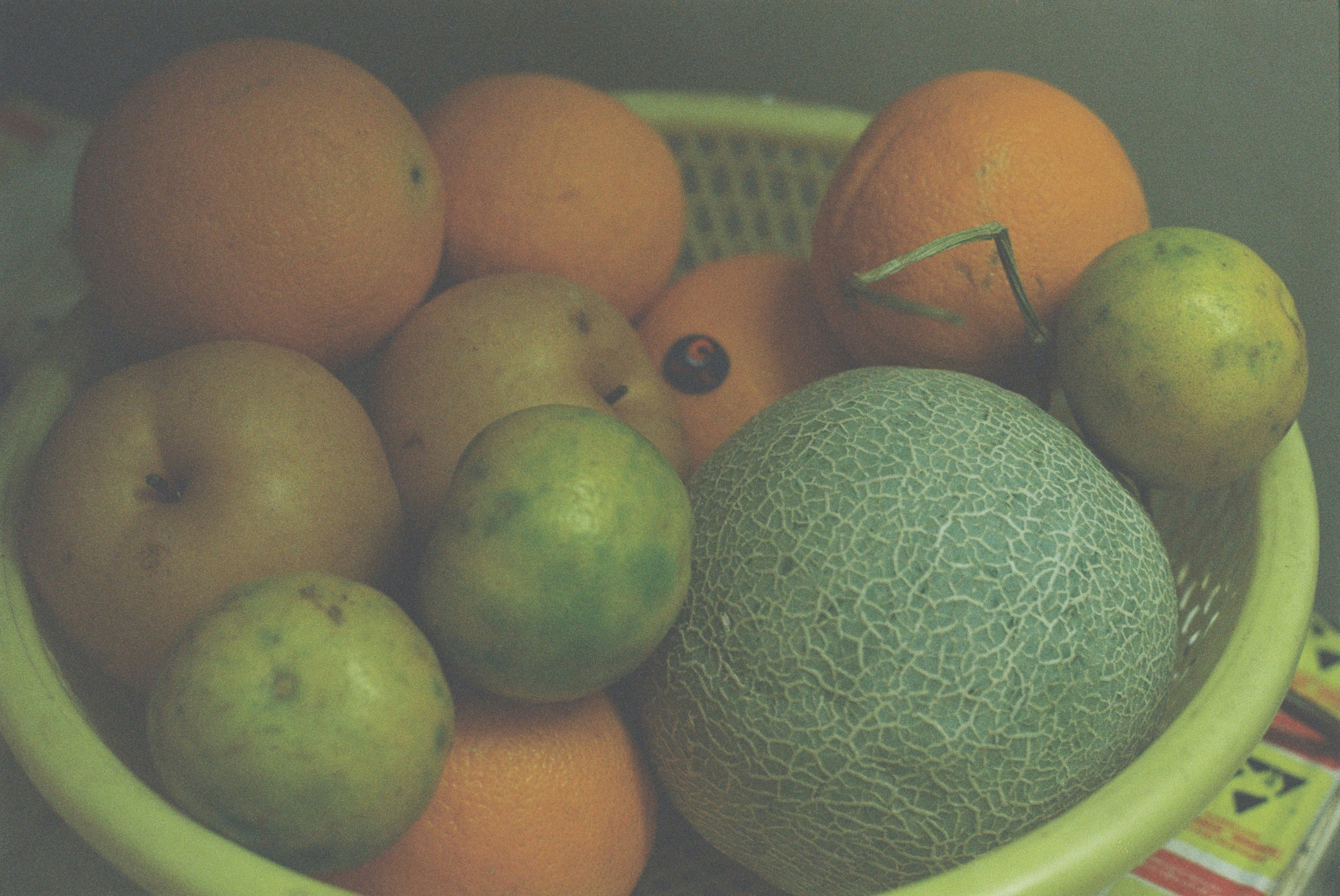 Quiet Harvest: A Luminous Melon Guards a Basket of Oranges