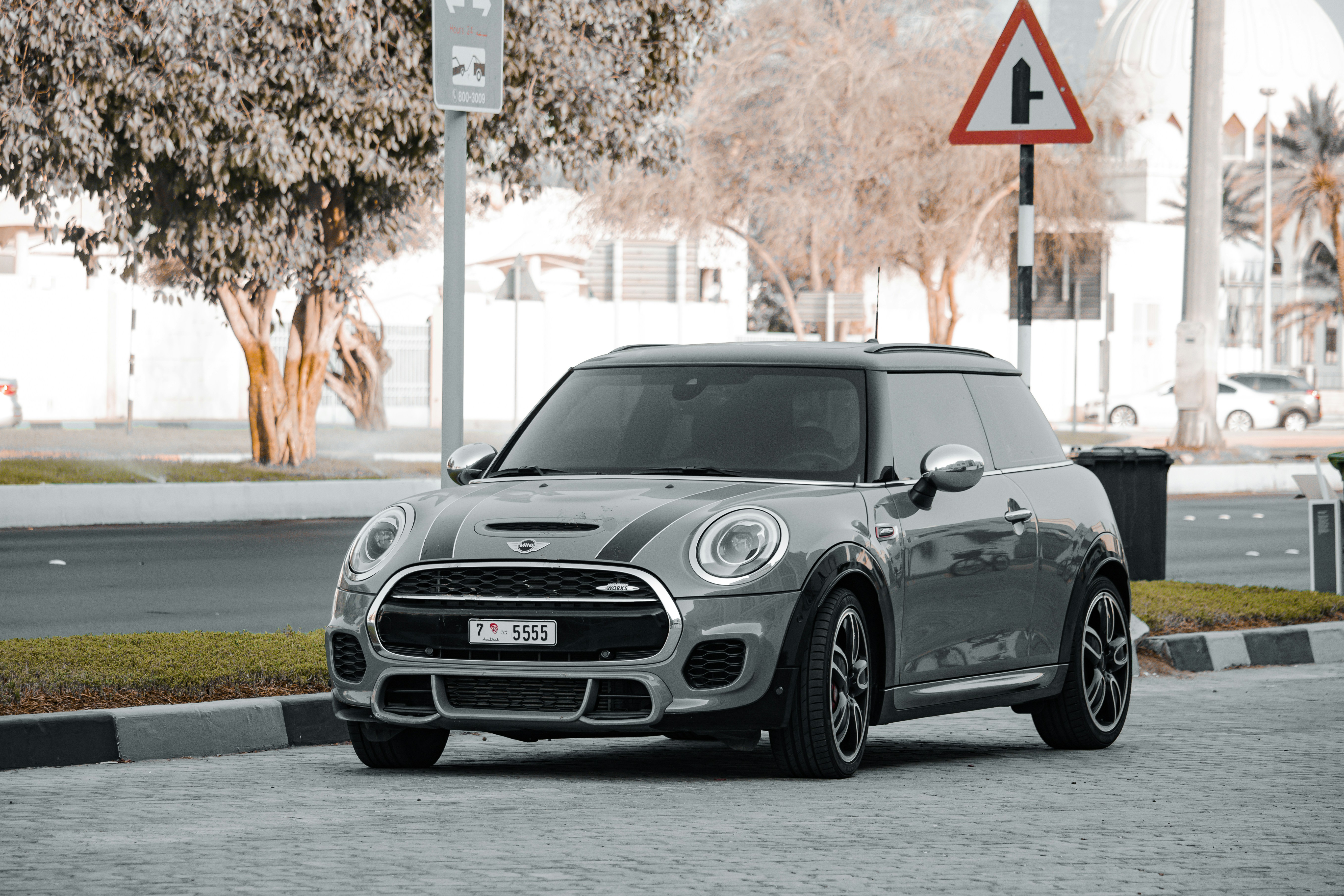 Sleek grey Mini Cooper parked beside a street sign in a vibrant urban setting, showcasing its modern design against a backdrop of palm trees.