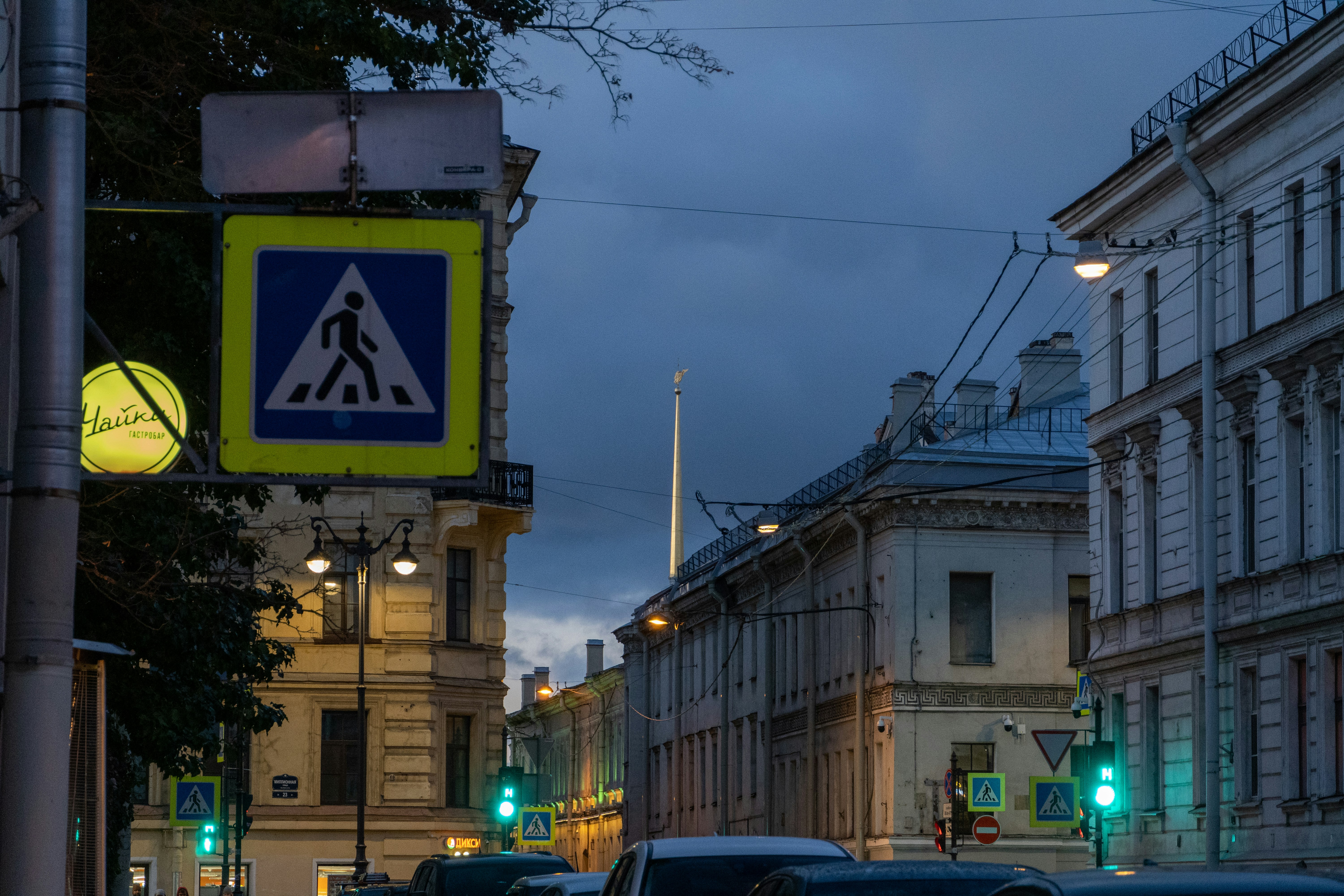 a pedestrian crossing sign on a city street