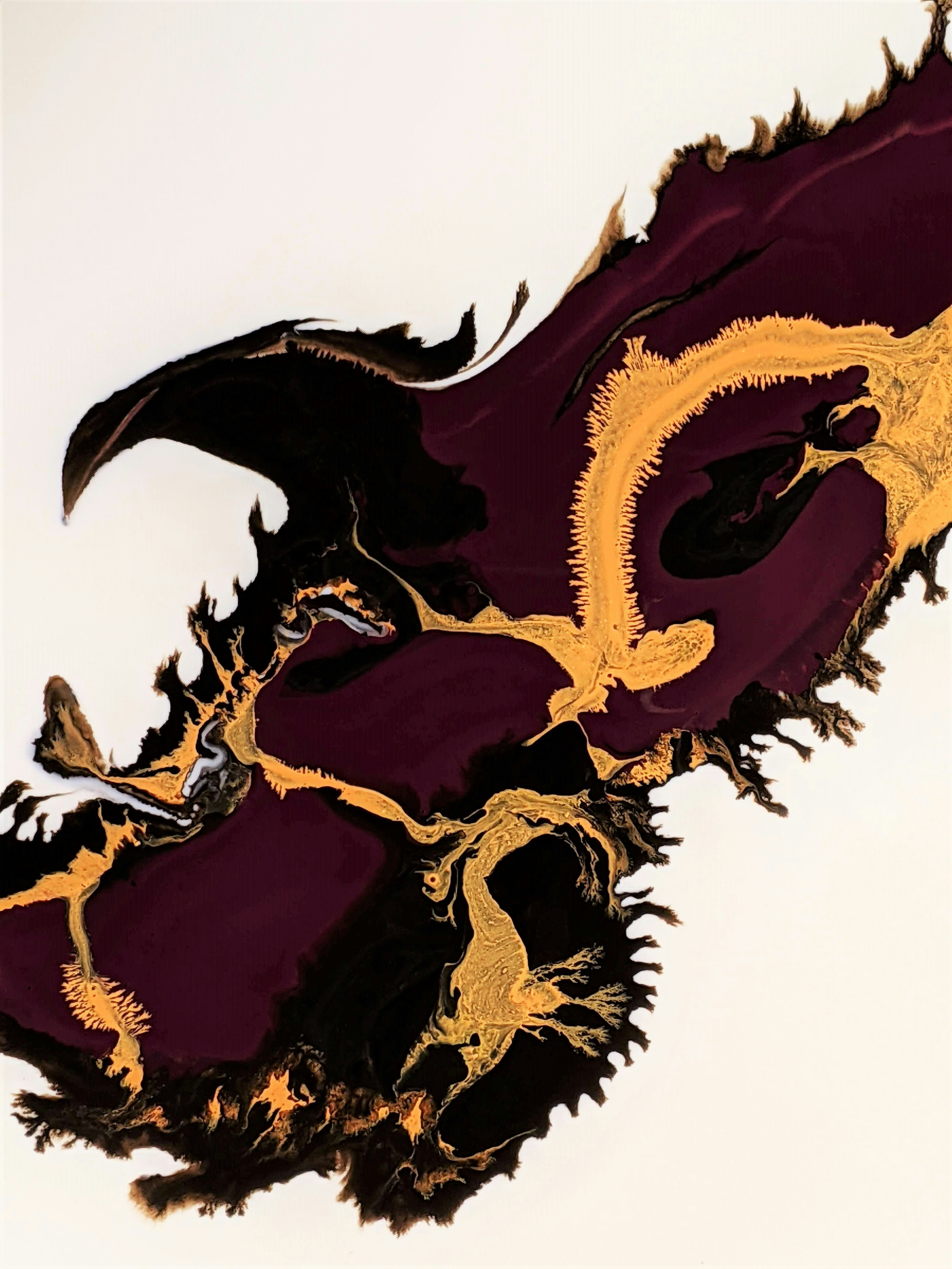 Abstract painting featuring black and burgundy fields with metallic gold veins on a pale background. The composition emphasizes organic pathways and high-contrast textures.